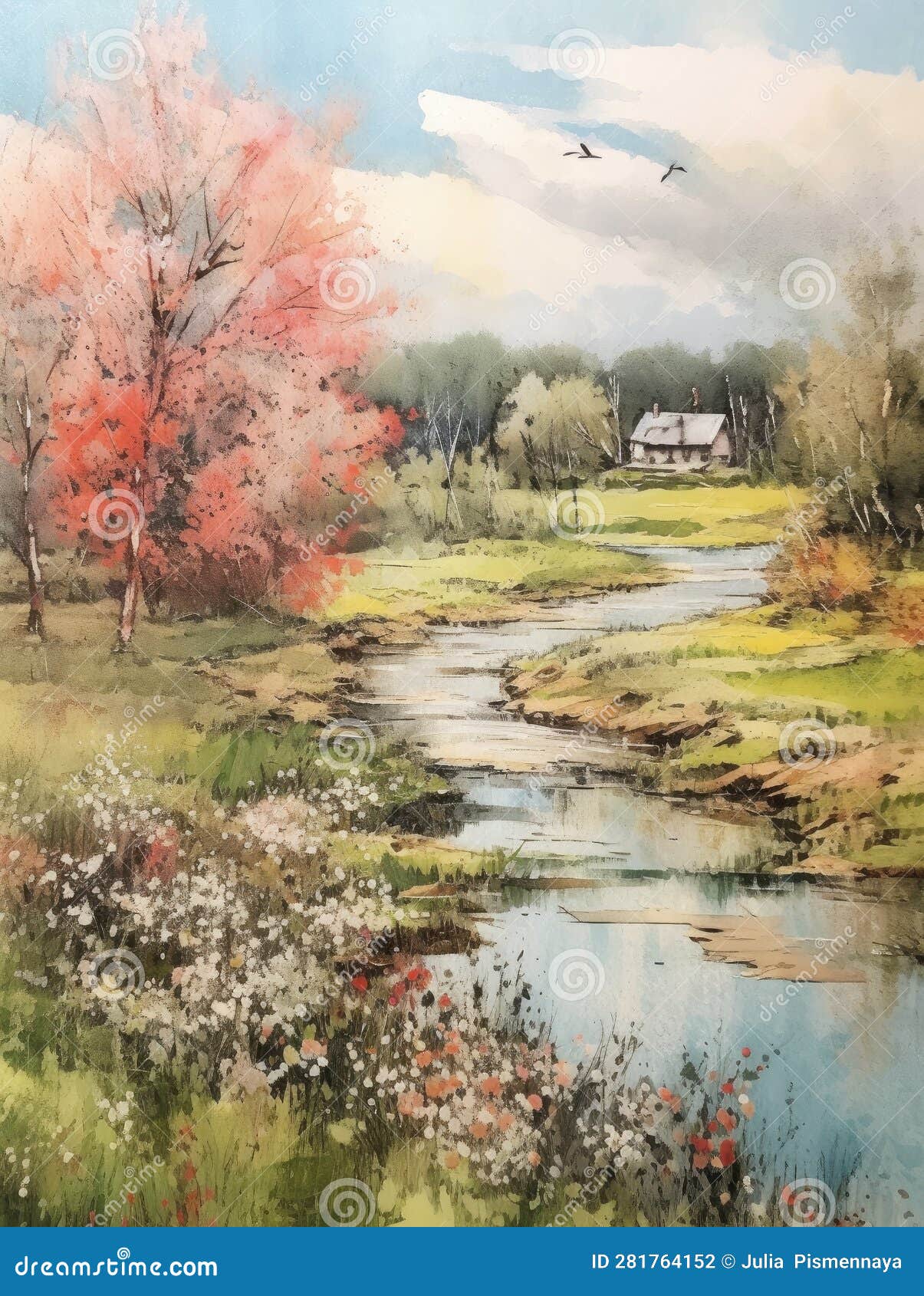 Spring Watercolor Landscape Depicting Trees and a Stream Stock ...