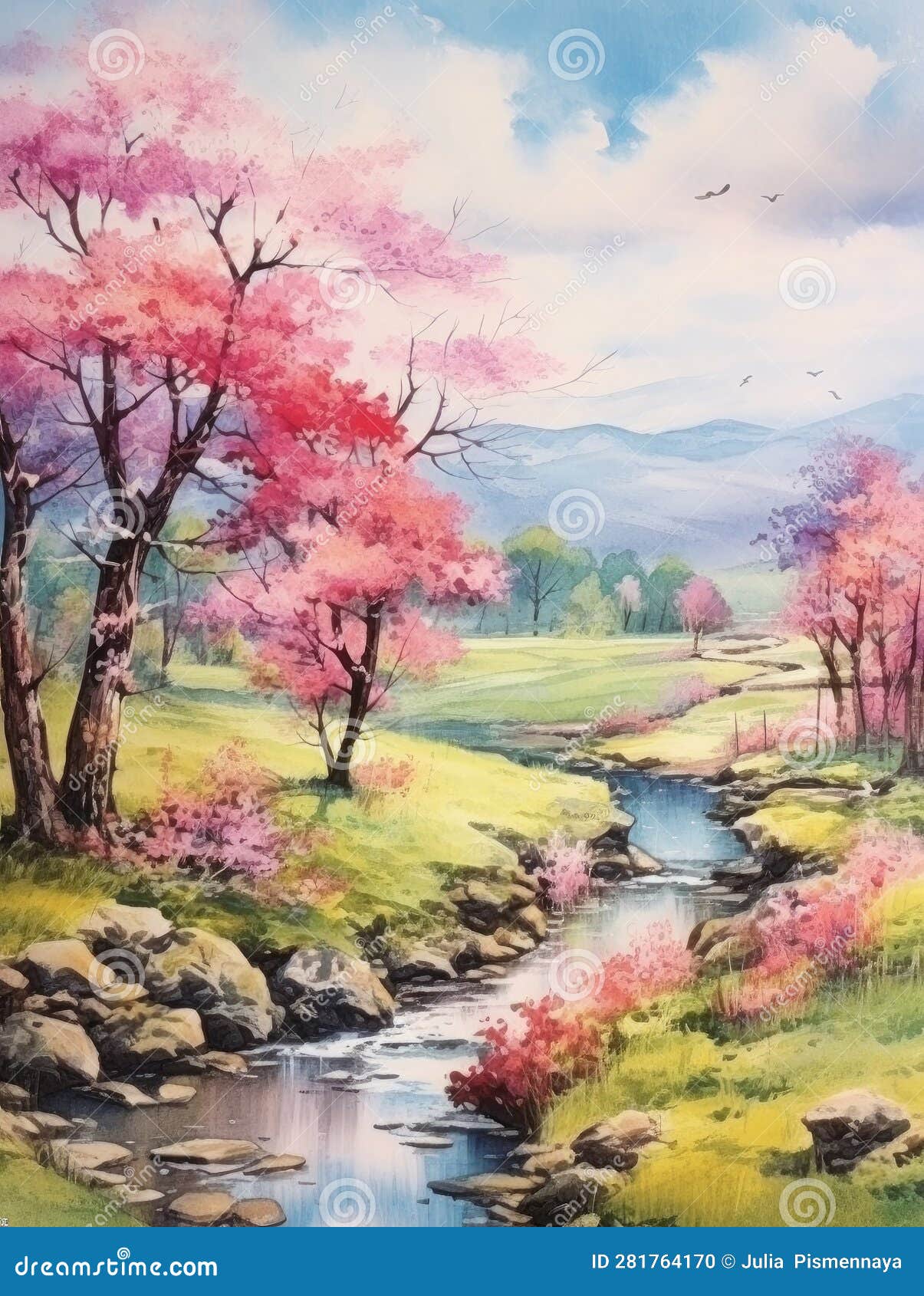 Spring Watercolor Landscape Depicting Trees and a Stream Stock ...