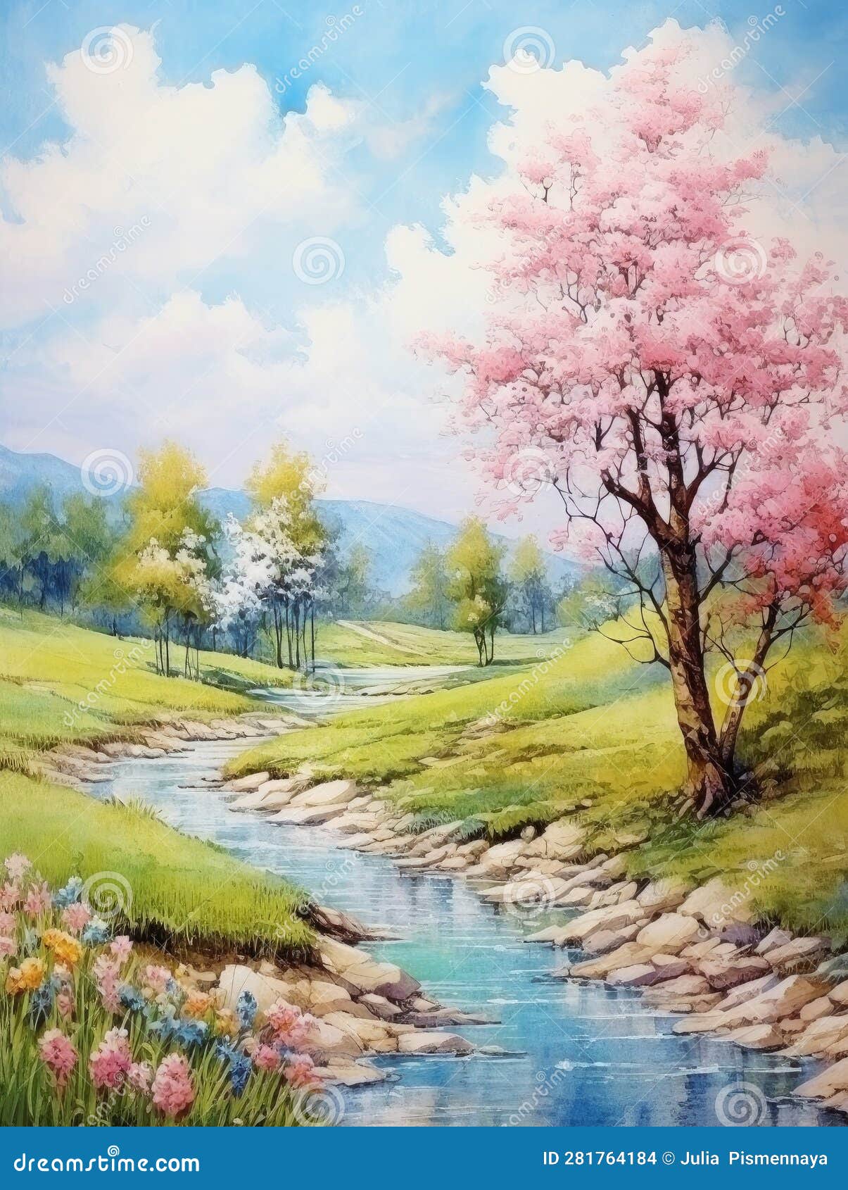 Spring Watercolor Landscape Depicting Trees and a Stream Stock ...
