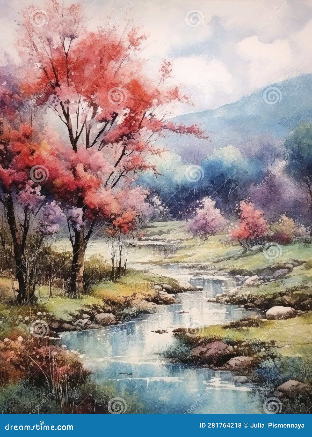 Spring Watercolor Landscape Depicting Trees and a Stream Stock ...