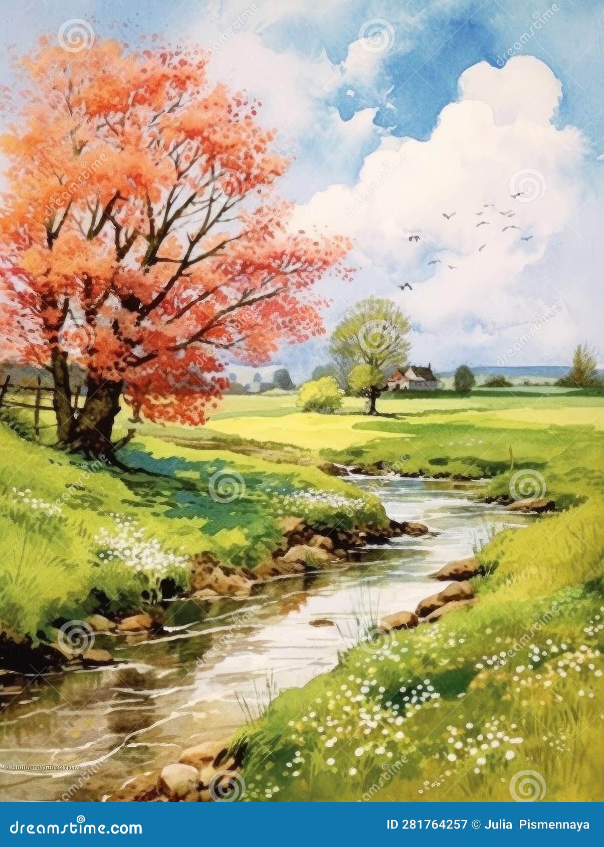 Spring Watercolor Landscape Depicting Trees and a Stream Stock ...