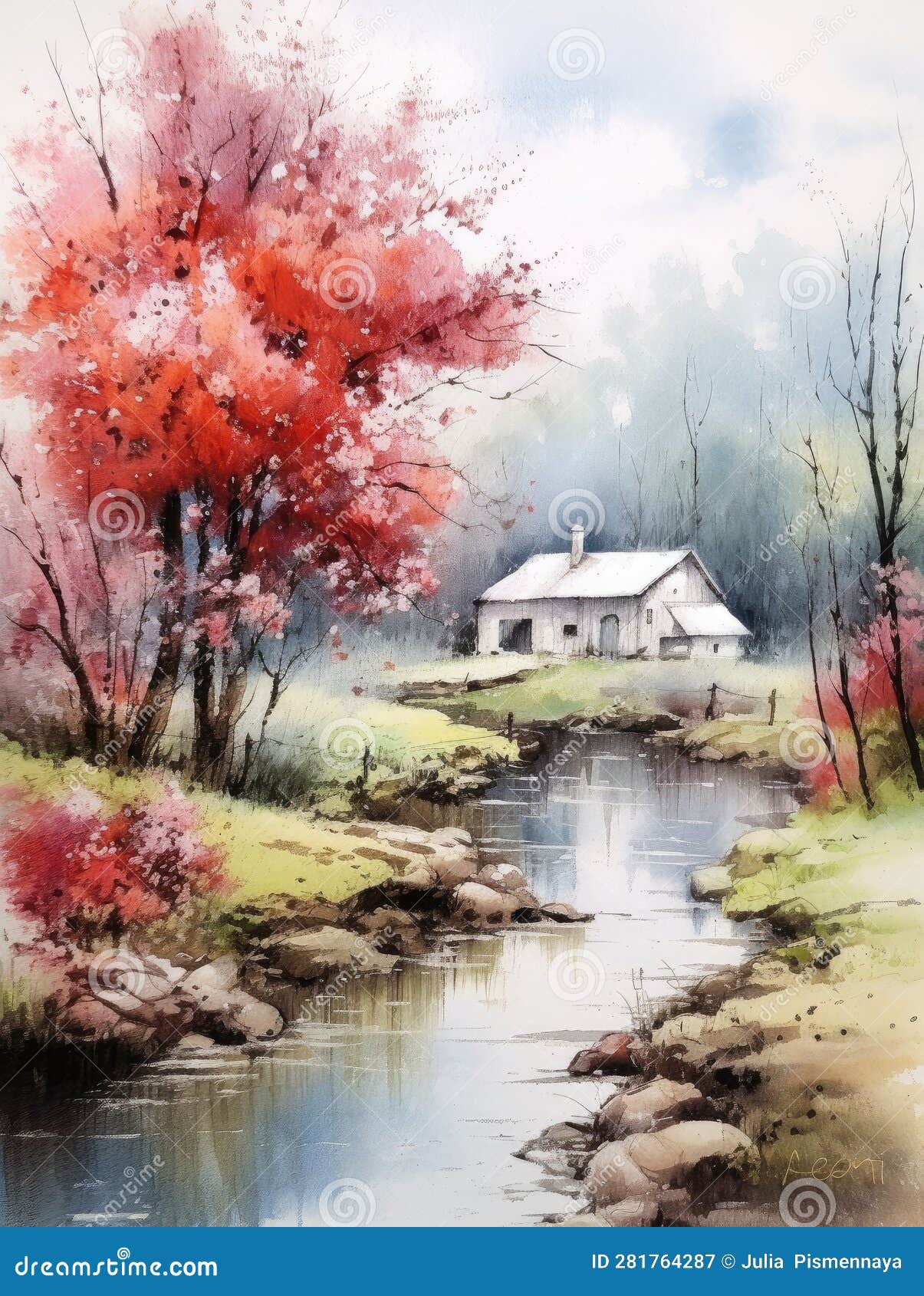Spring Watercolor Landscape Depicting Trees and a Stream Stock ...