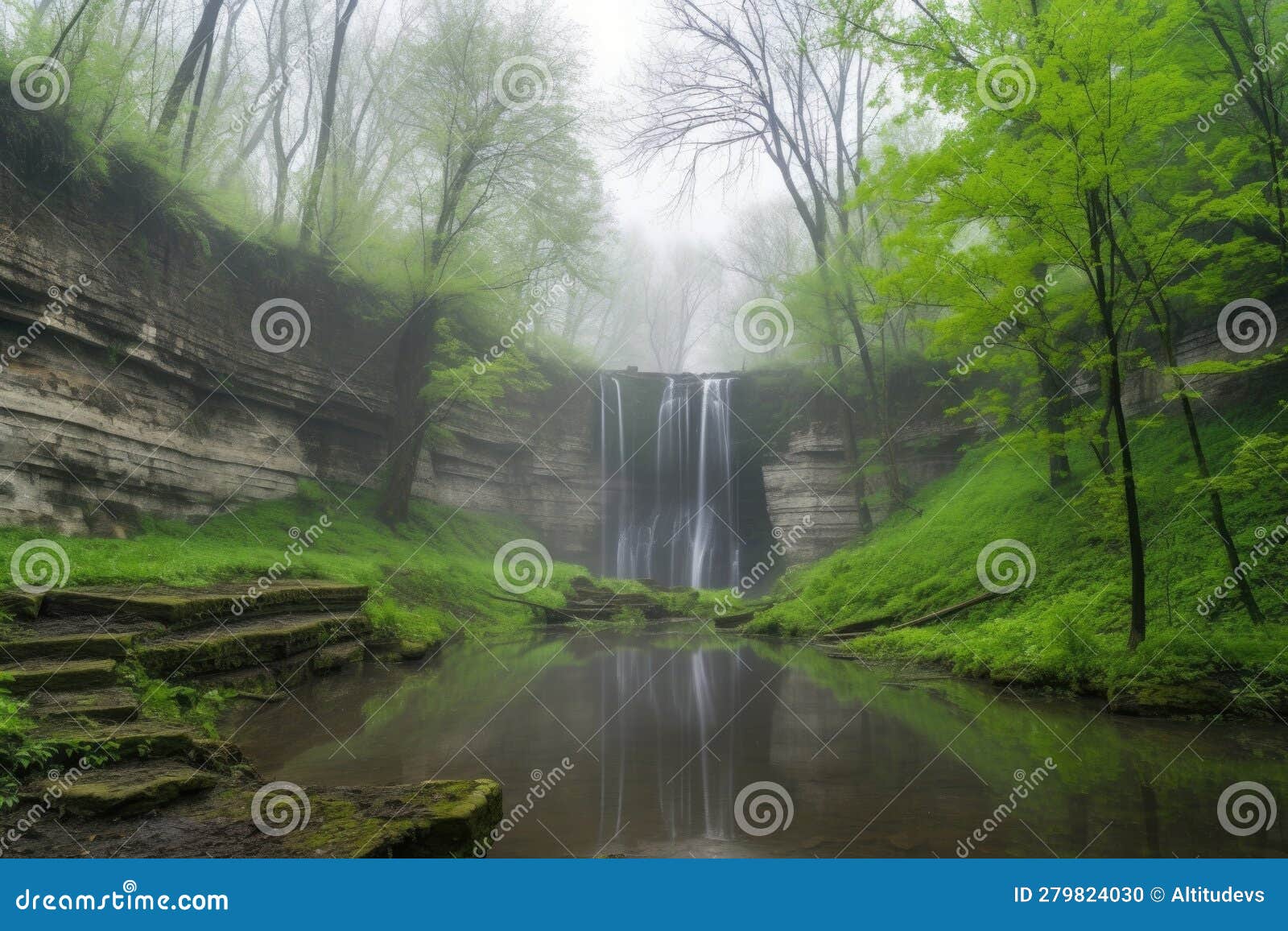 Spring Waterfalls with Lush Greenery and Mist in the Background Stock ...