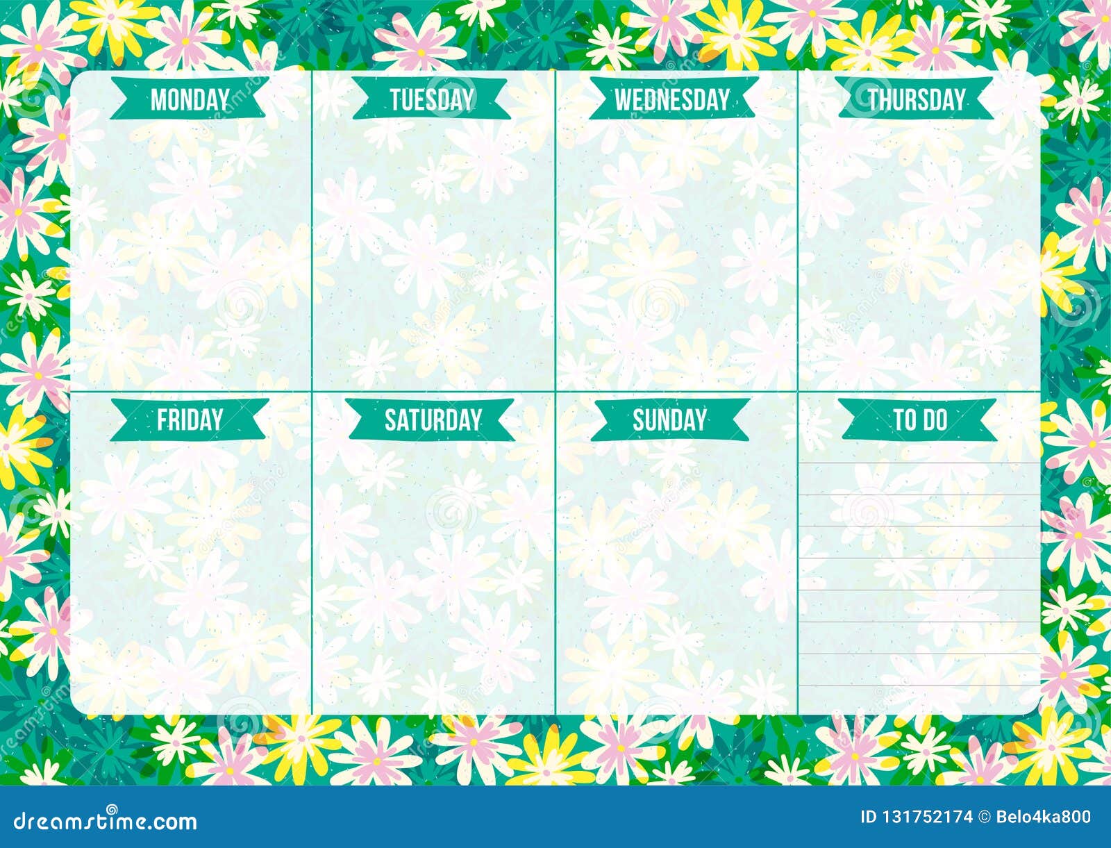 Spring Weekly Planner with Flower on Green Background. Stock Vector ...