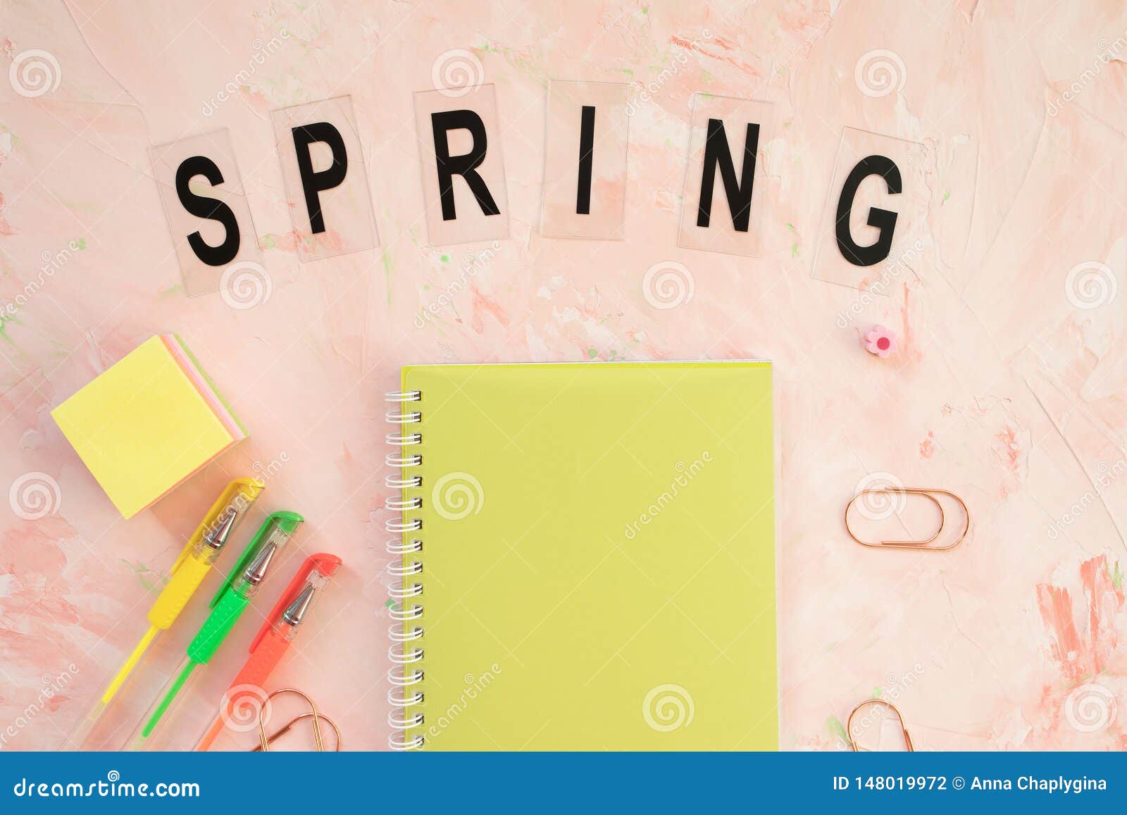 SPRING Word on a Student Desk Workspace. Flat Lay, Top View, Header ...