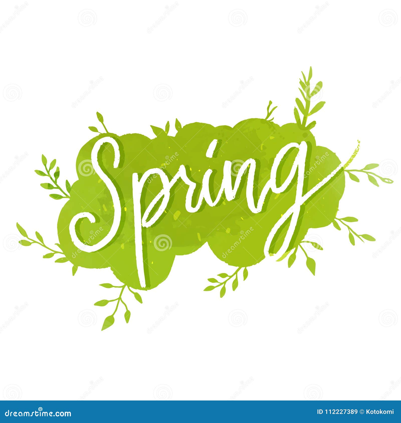 Spring Word on Textured Cloud with Hand Drawn Twings and Branches with ...