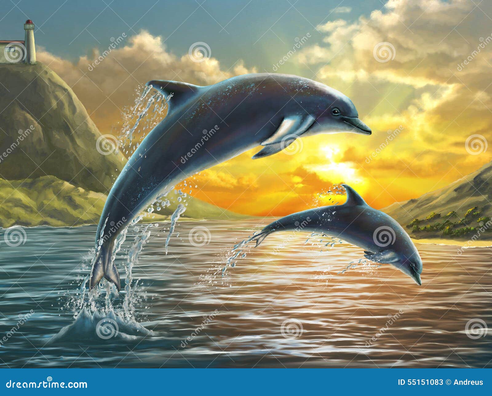 Springende Delphine stock abbildung. Illustration von wolken - 55151083