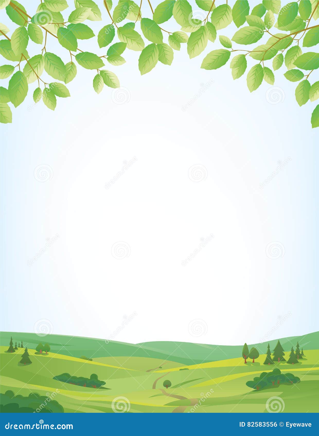 Springtime Background with Landscape and Leaves Border Stock Vector ...