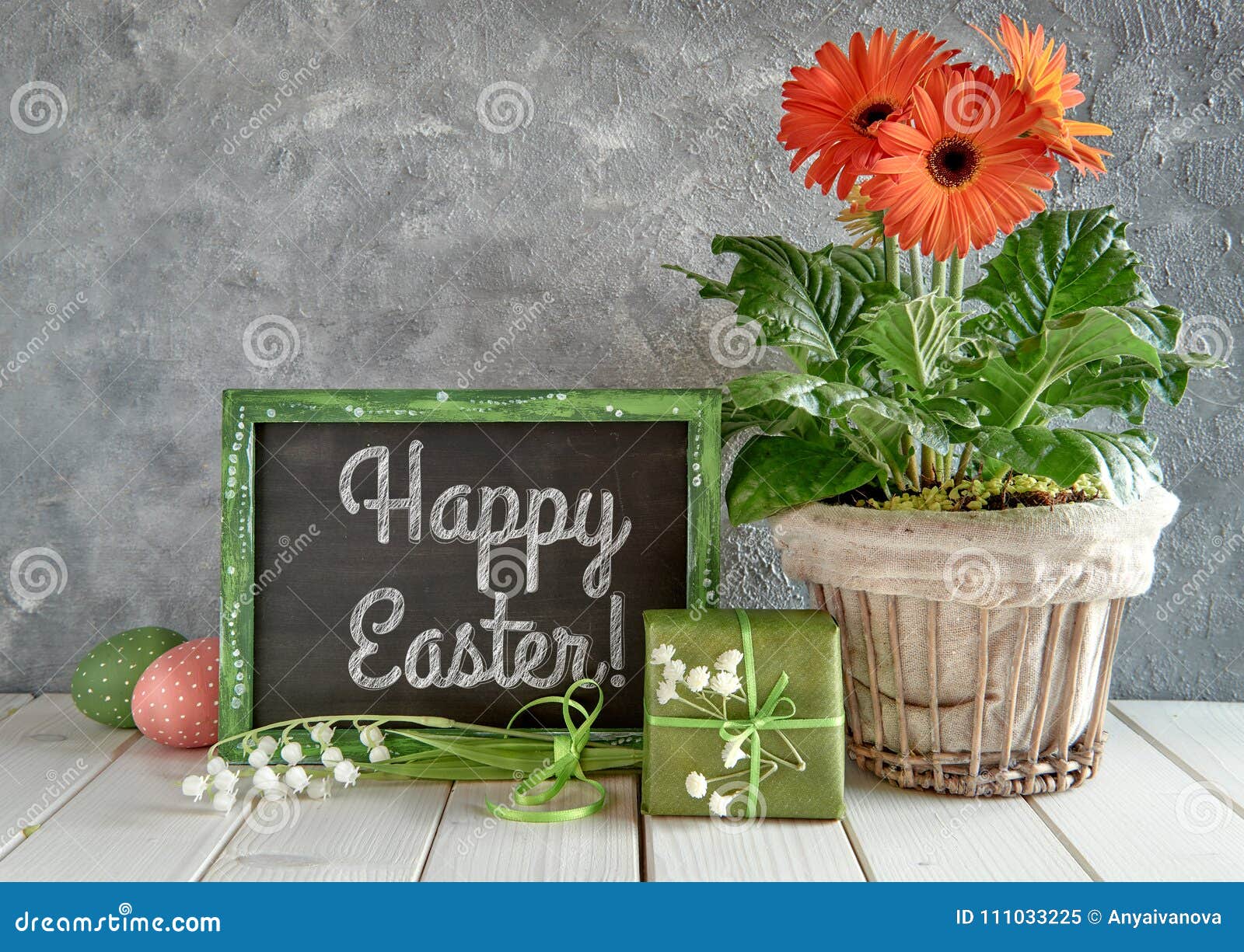 Springtime Background with Spring Decorations. Display Cabinet with ...