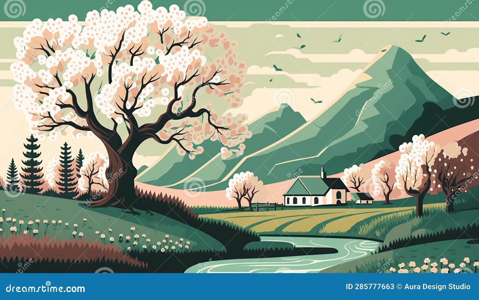 Springtime Bliss Illustration of a Serene. Generative AI Stock ...