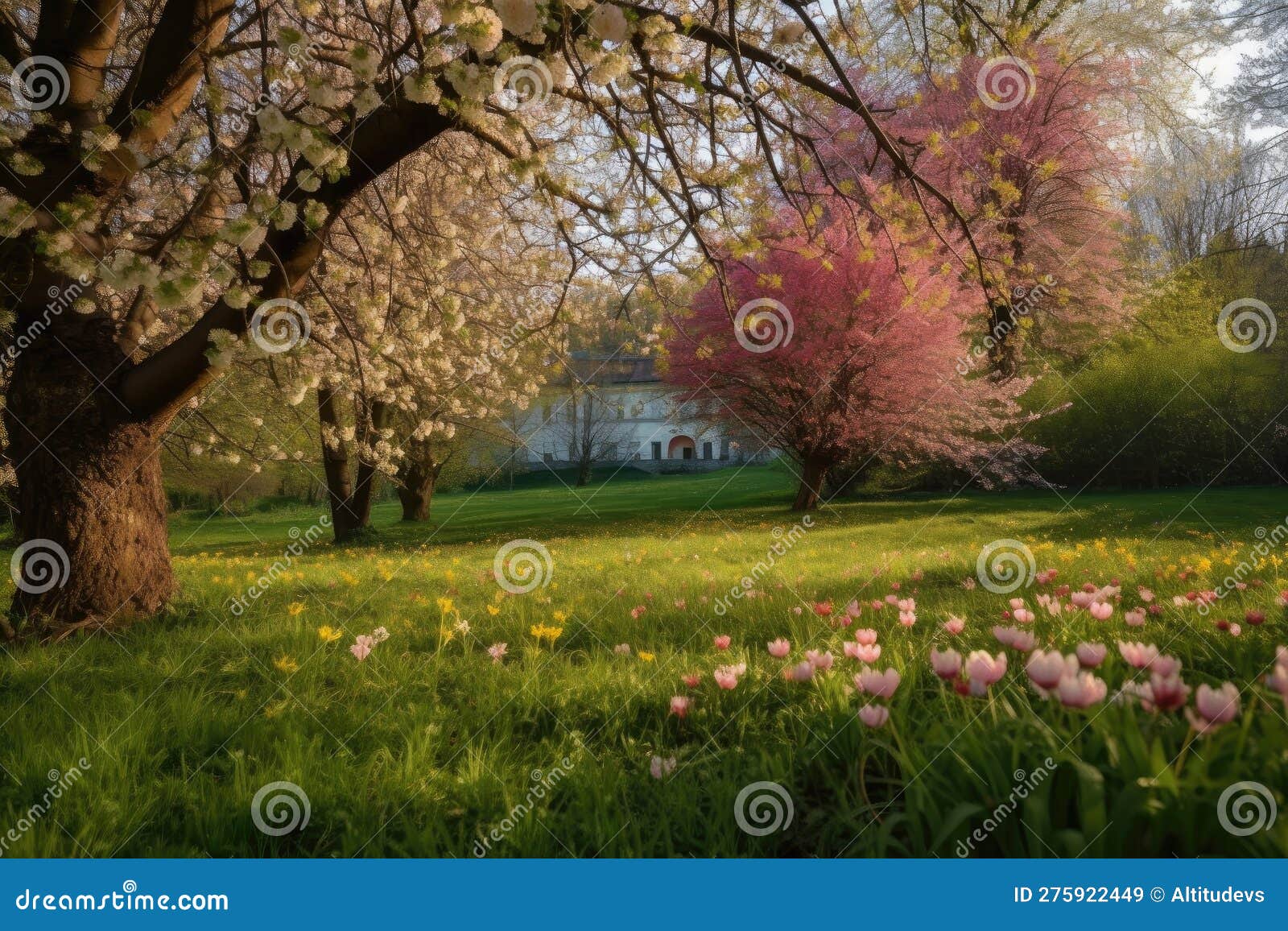 Springtime, with Blooming Flowers and Budding Trees Stock Image - Image ...