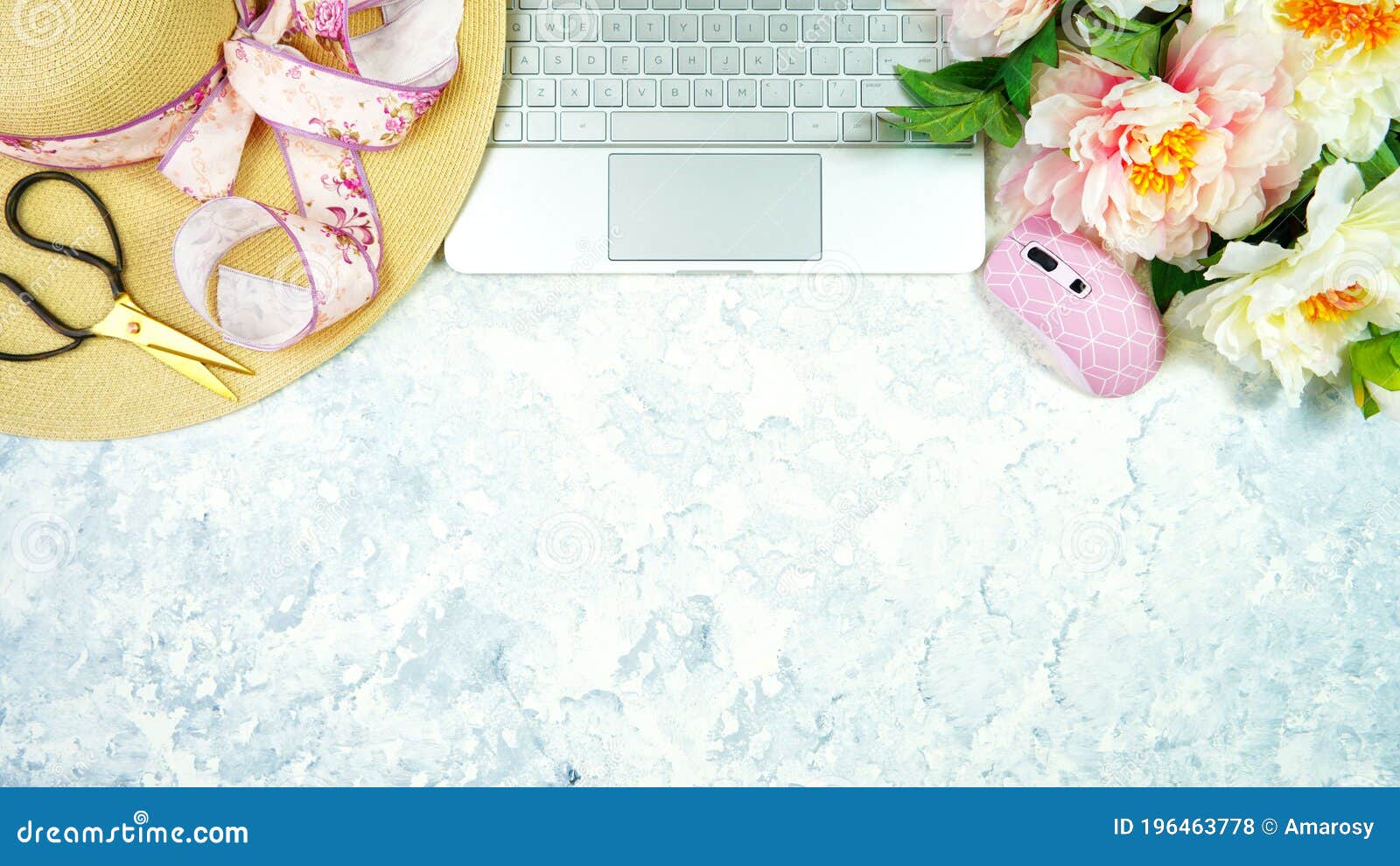 Springtime Desktop Workspace Blog Header Overhead Flat Lay. Stock Photo ...