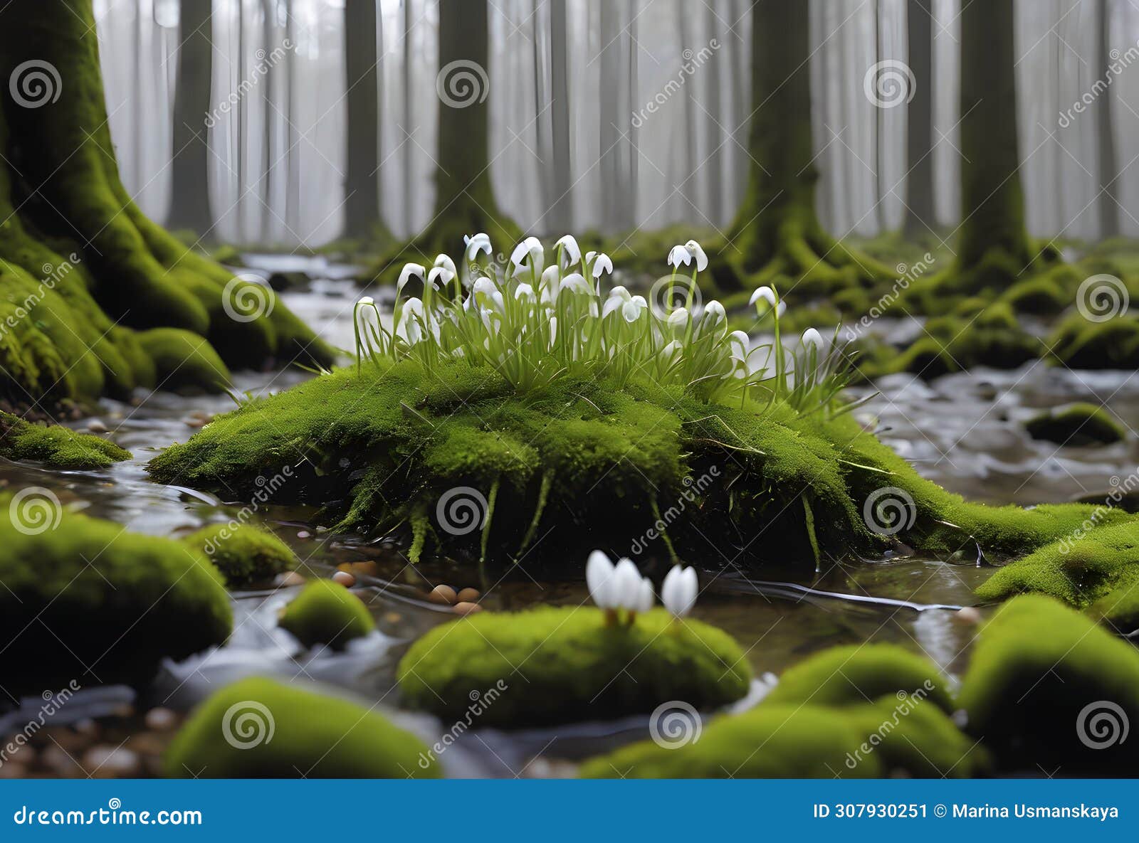 Springtime in Forest Moss and Snowdrops Stock Illustration ...