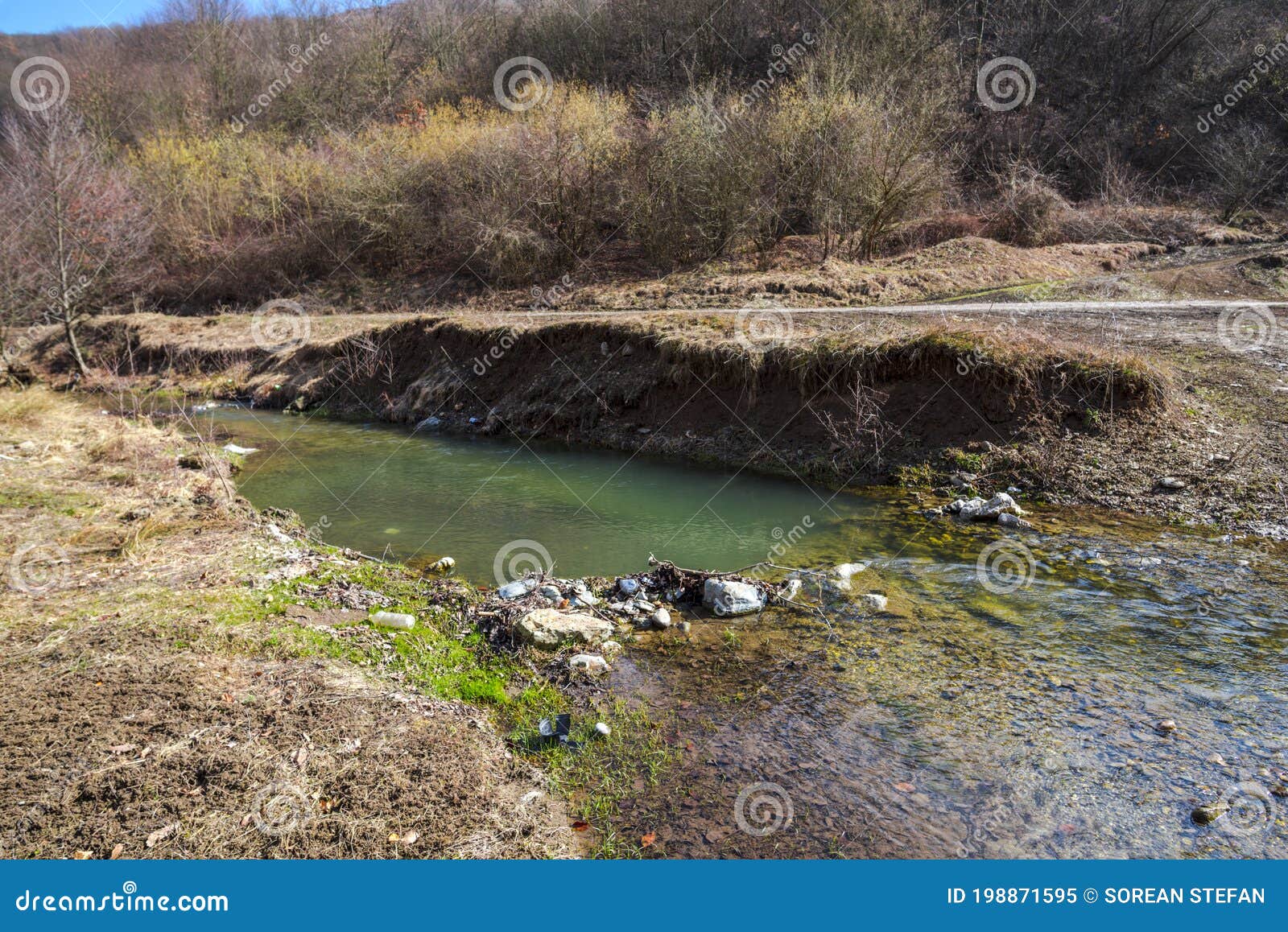 Springtime Landscape with Garbage on the River Stock Image - Image of ...