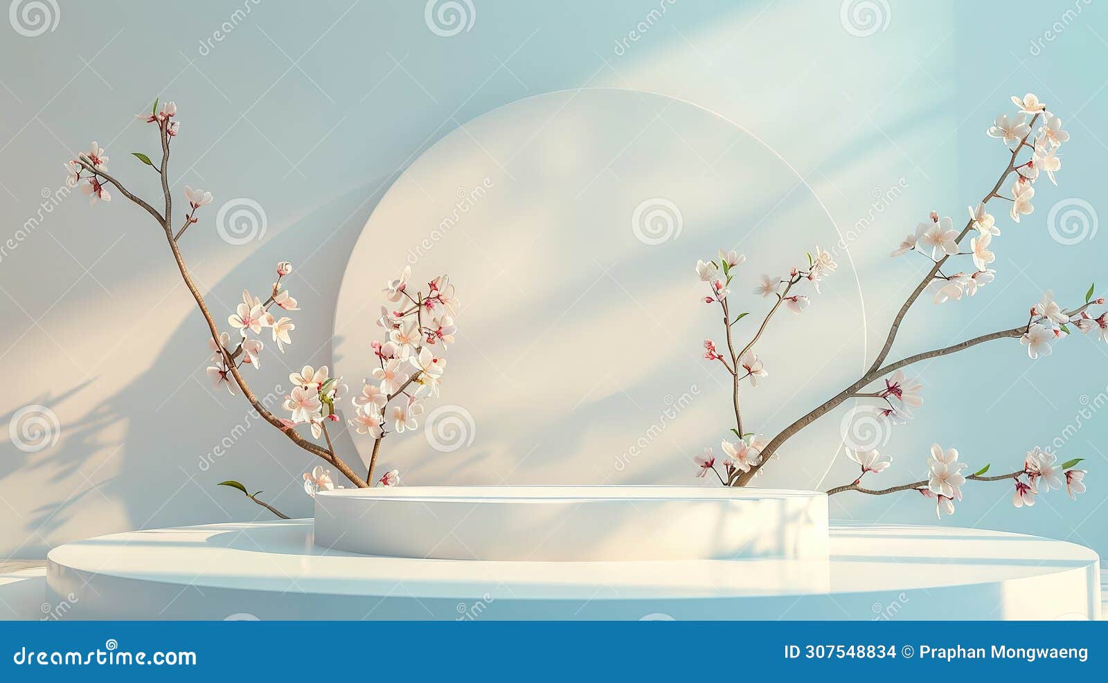Springtime Minimal Round 3D Podium with Blooming Flower in the ...