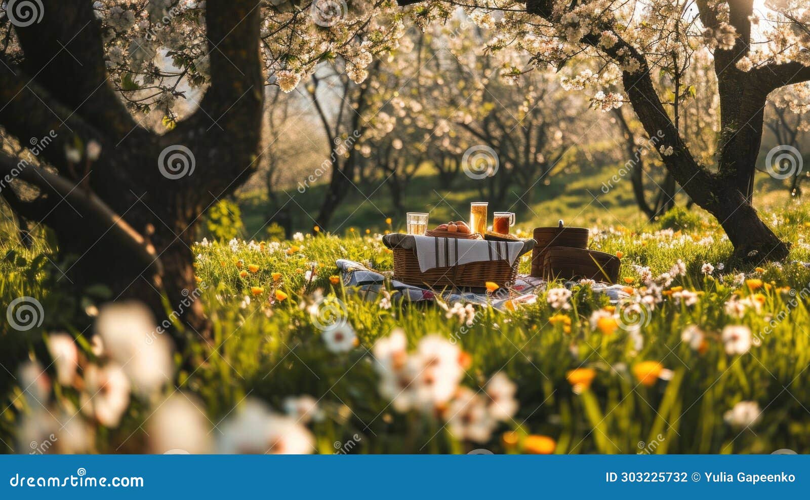 Springtime Picnic Surrounded by Blossoming Trees and Colorful Flowers ...
