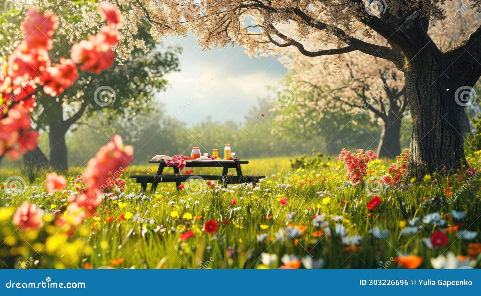 Springtime Picnic Surrounded by Blossoming Trees and Colorful Flowers ...
