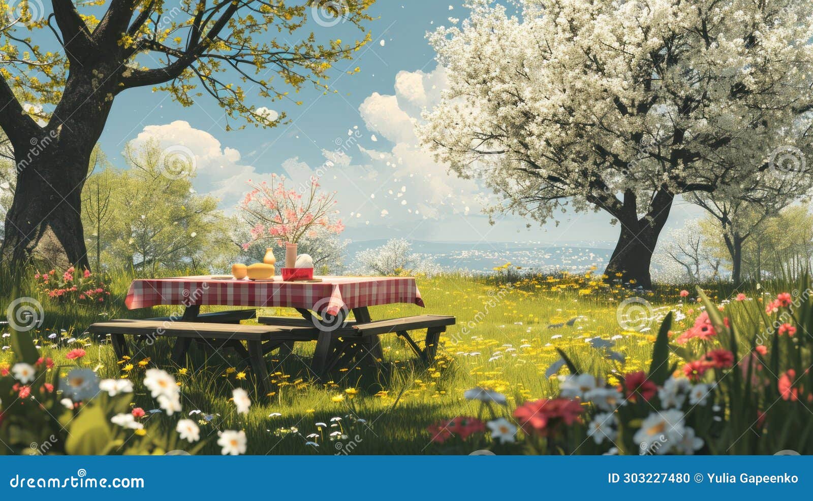 Springtime Picnic Surrounded by Blossoming Trees and Colorful Flowers ...