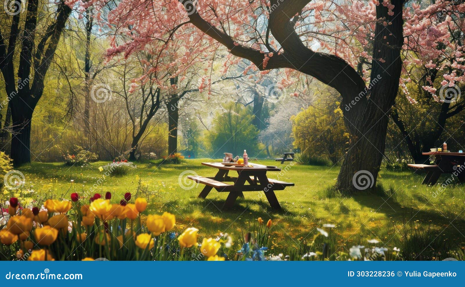 Springtime Picnic Surrounded by Blossoming Trees and Colorful Flowers ...