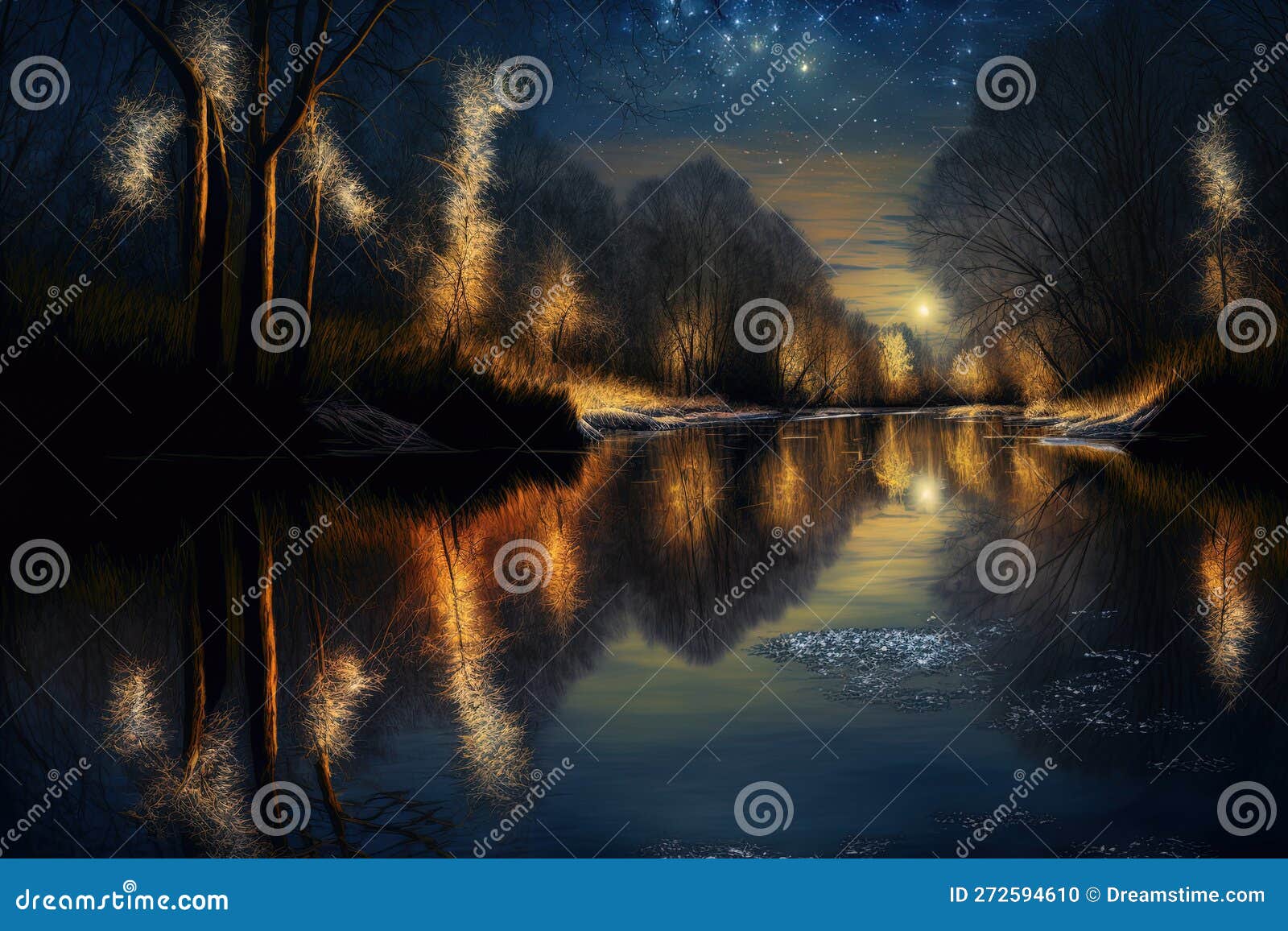 Springtime Reflections on the River at Night Stock Illustration ...
