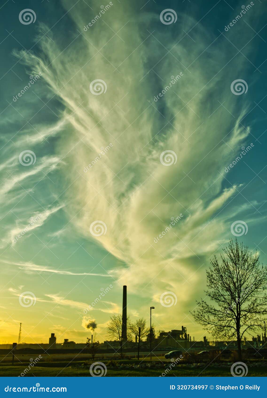 Springtime Sunset Leafless Tree and Chimney Stock Image - Image of ...