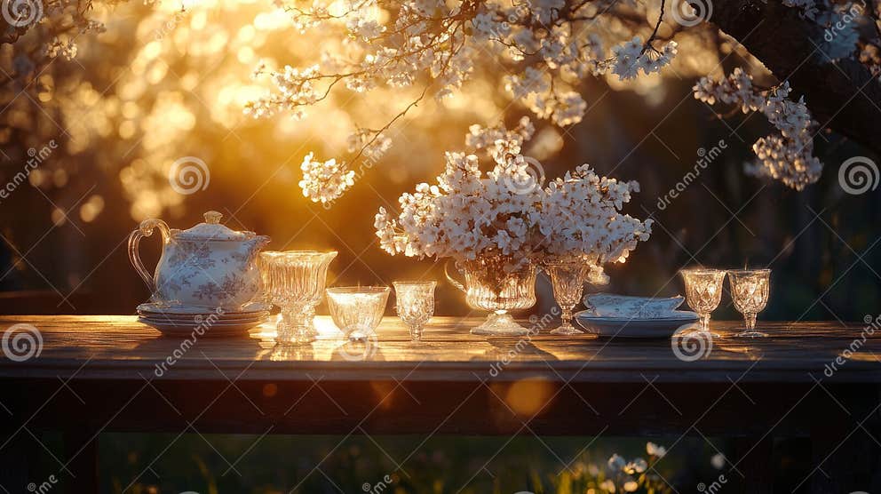 Springtime Tea Party Under Blooming Cherry Trees Stock Illustration ...