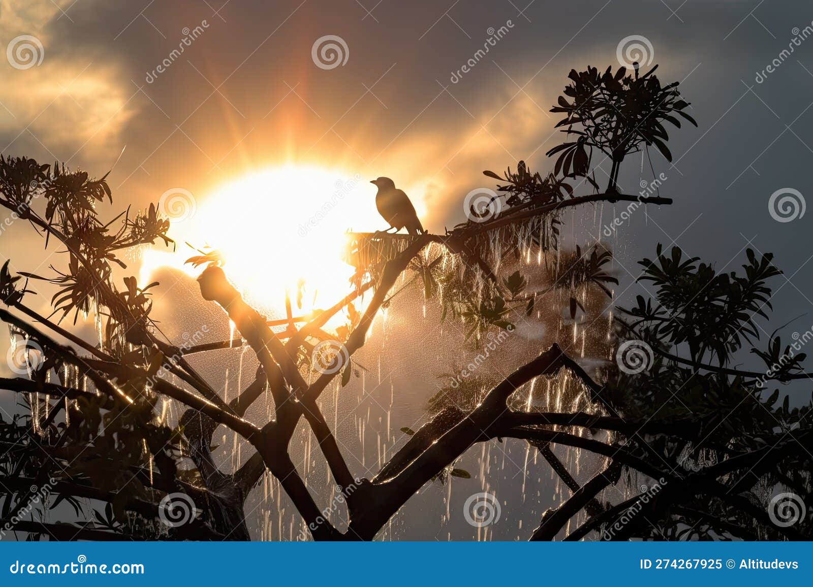 Sprinkler System with the Sun Peeking through the Clouds and a Bird ...
