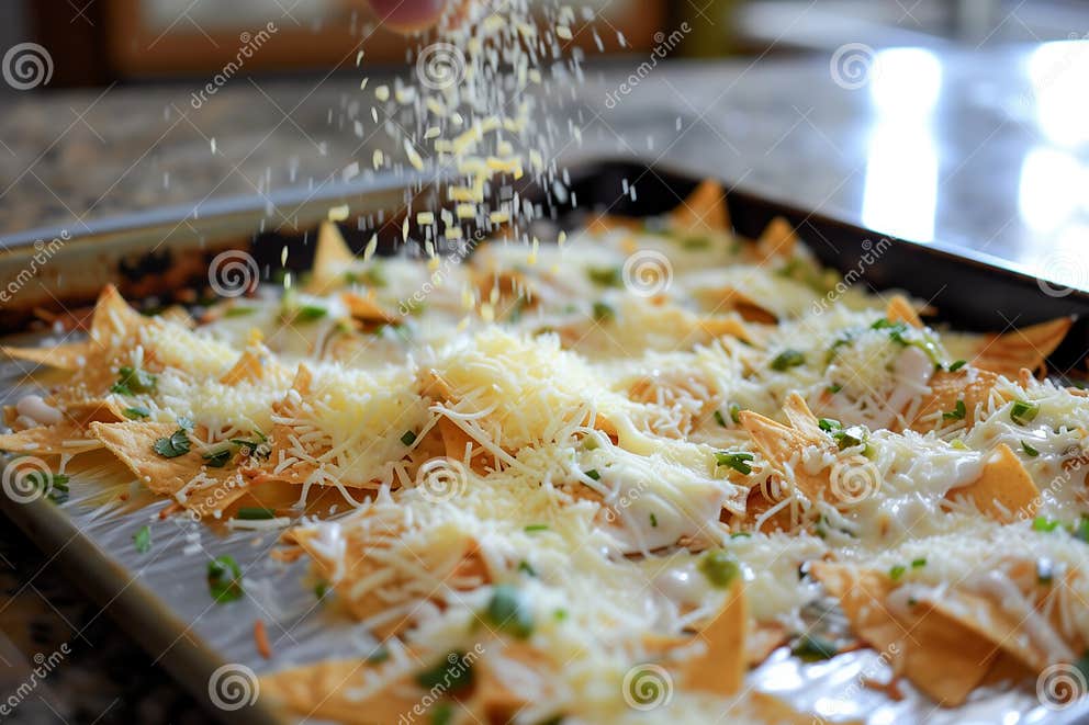 Sprinkling Cheese on Nachos on a Baking Sheet Stock Image - Image of ...