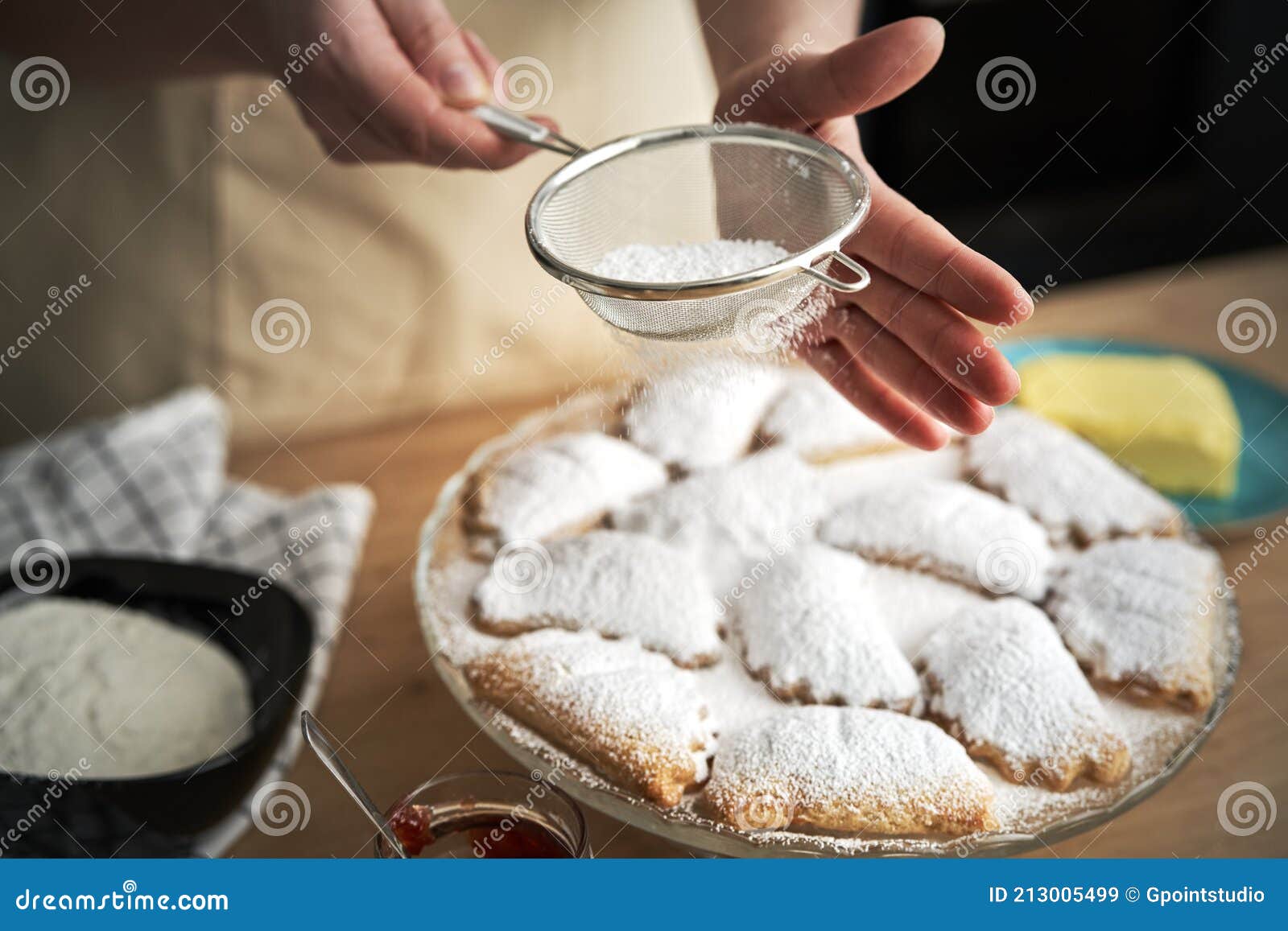 Close Up of Sprinkling and Decorating Cookies with Powdered Sugar Stock ...