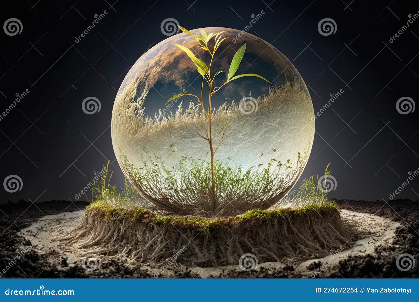 Sprout of Grass on the Surface of the Moon with a Transparent Ball in ...