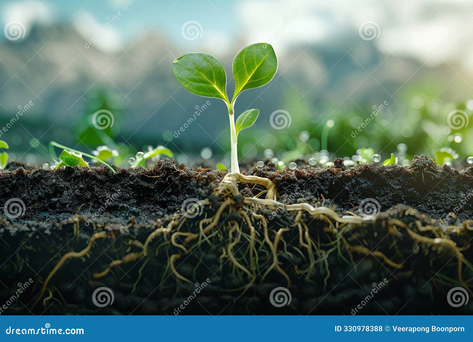 Sprouting Seed Roots in Soil, Sectional View, Wide Text Area ...