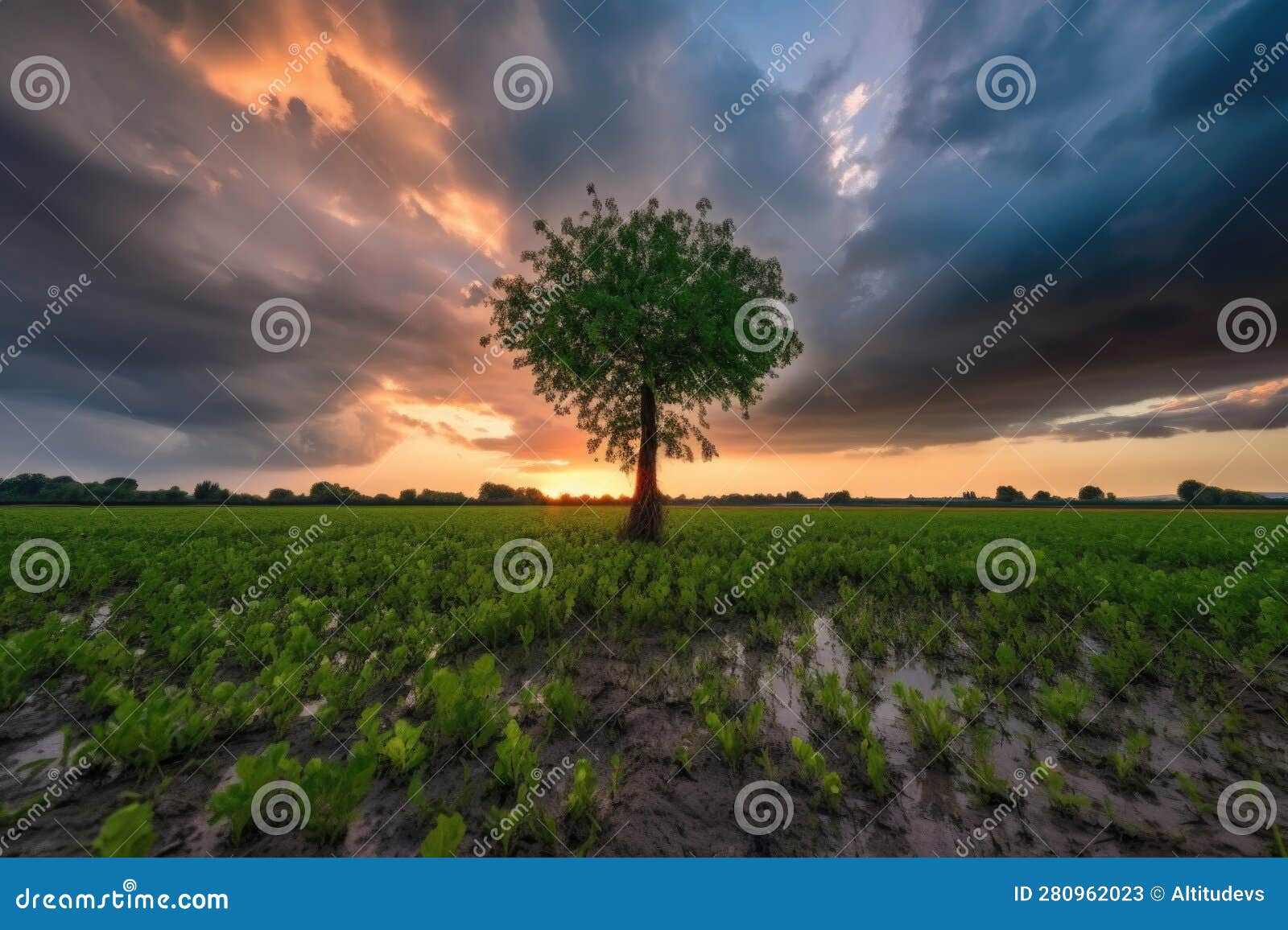 Sprouting Tree Being Surrounded by Storm Clouds in Dramatic Sunset ...