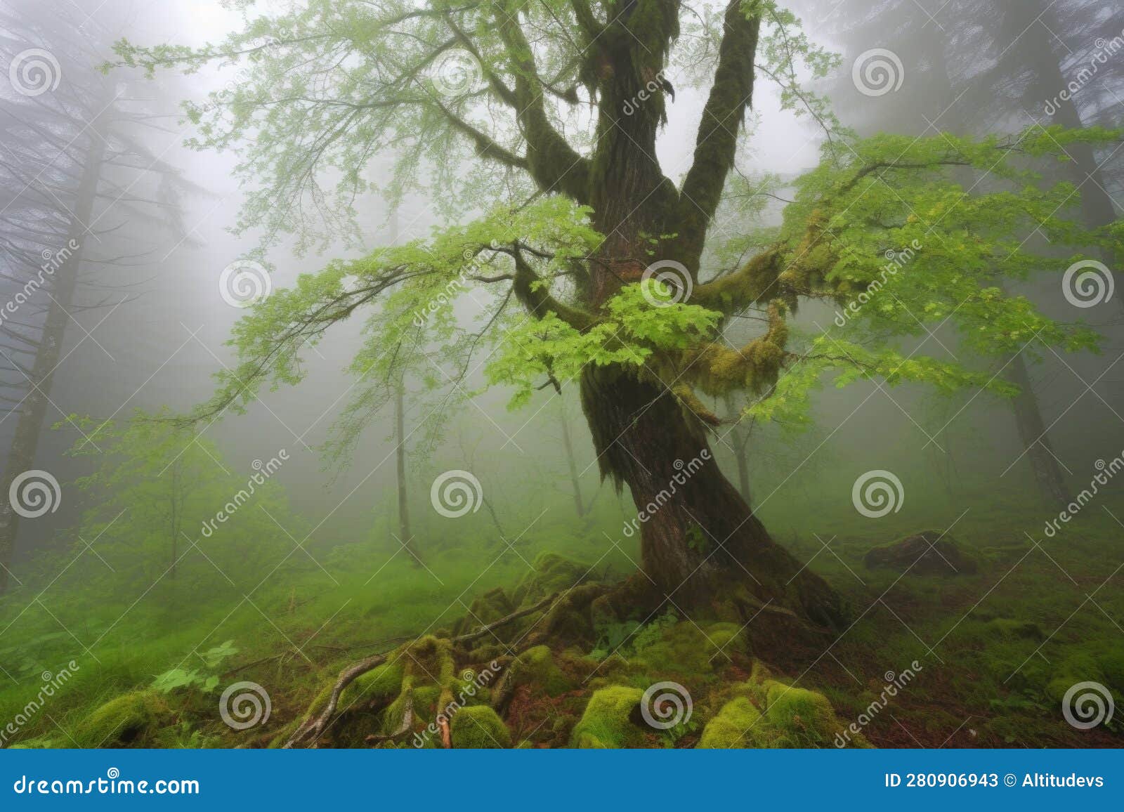 Sprouting Tree in a Misty Forest with Towering Trees Stock Illustration ...