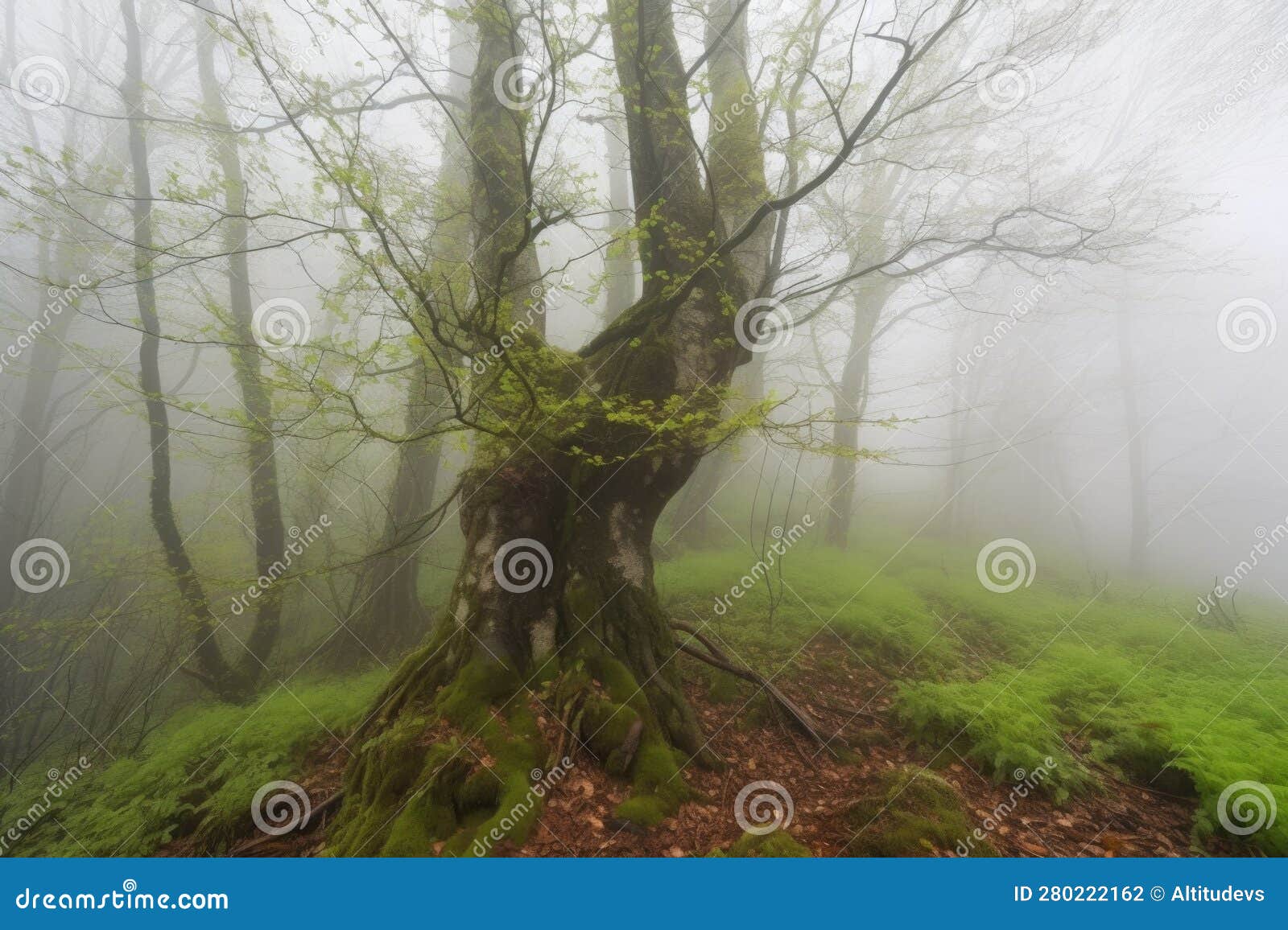Sprouting Tree in a Misty Forest with Towering Trees Stock Photo ...