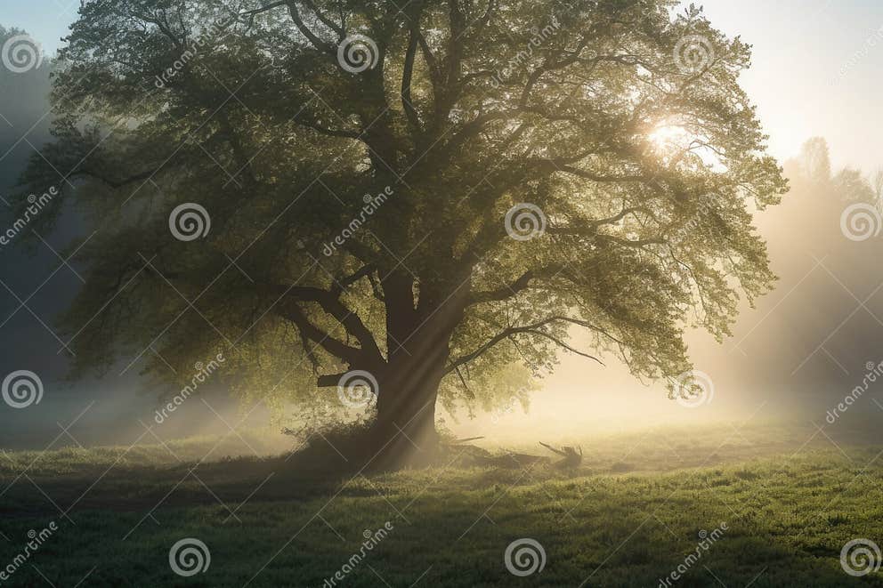 Sprouting Tree in the Morning Mist, with Rays of Sunlight Breaking ...