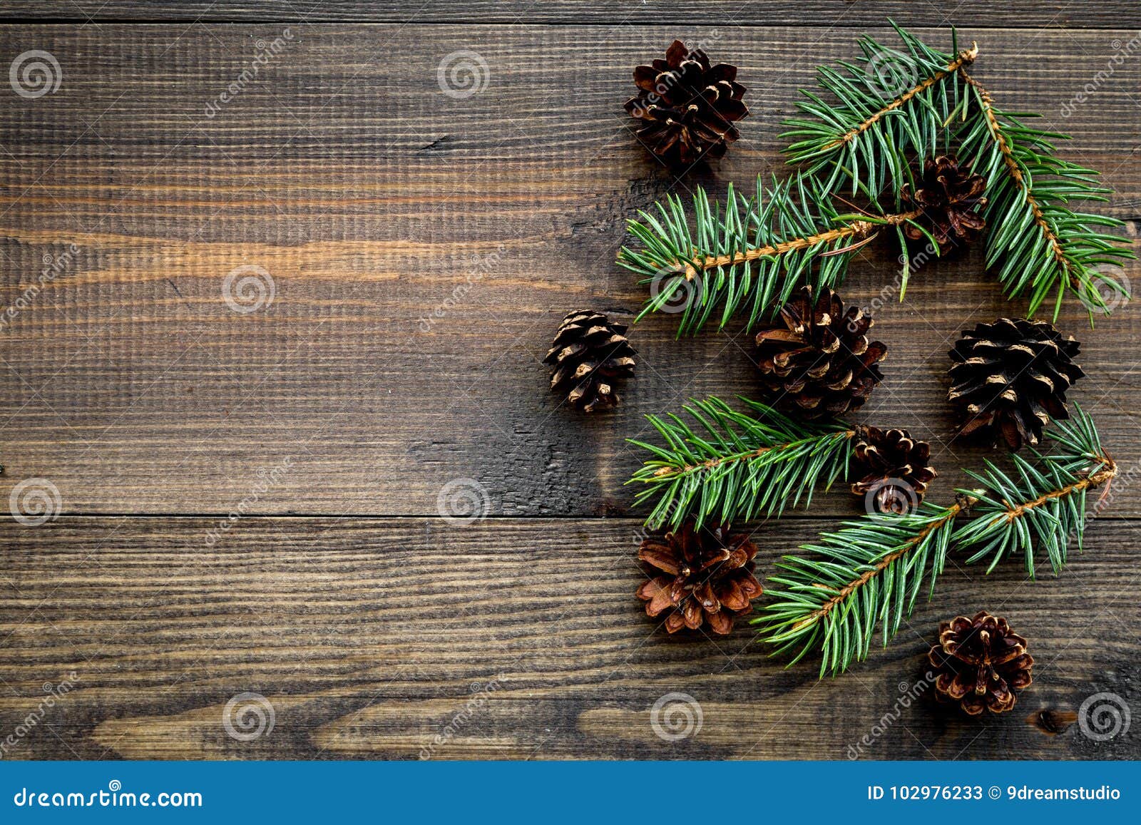 Spruce Branch and Pinecone Pattern on Wooden Background Top View ...