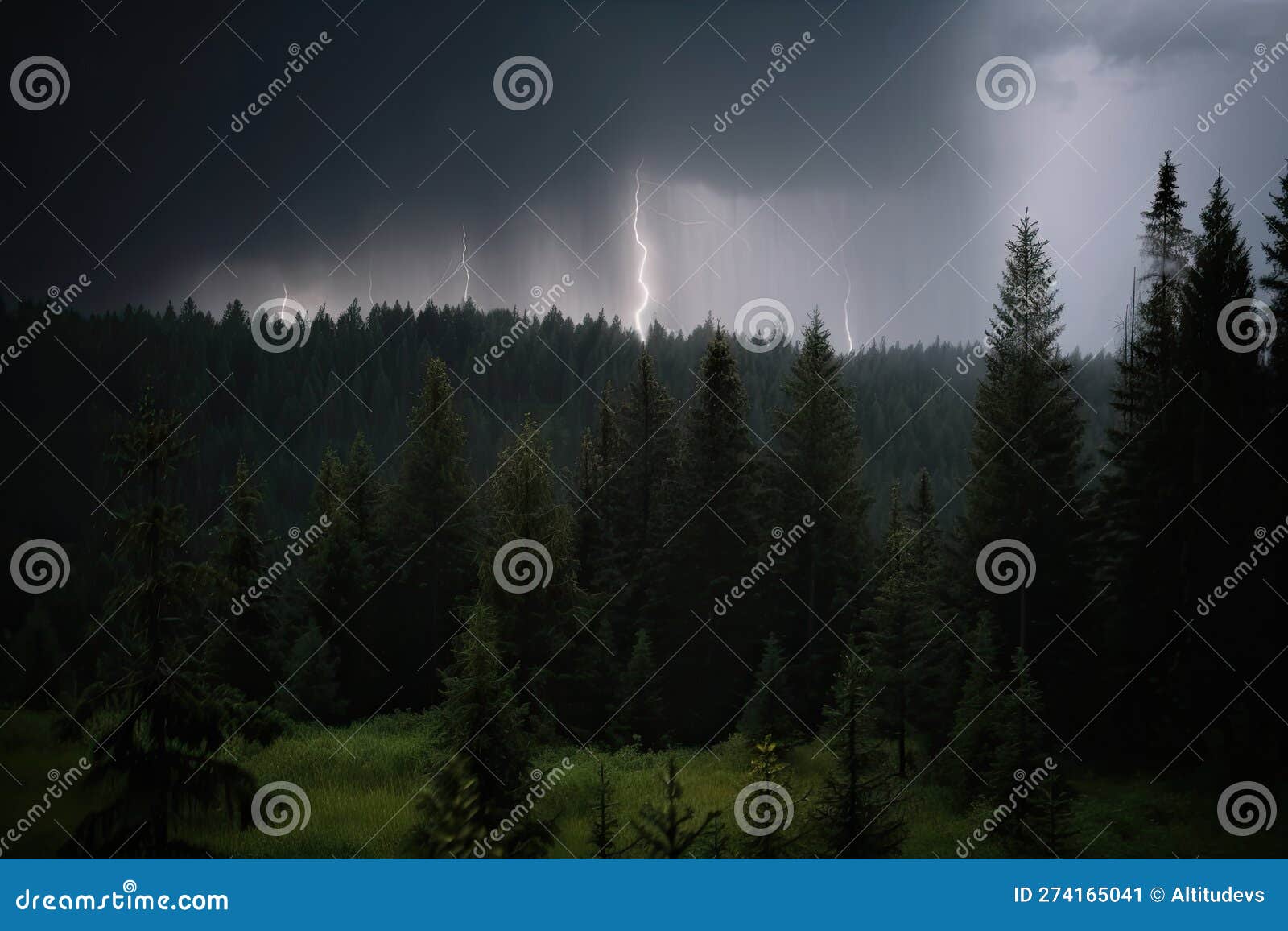 Spruce Forest during a Storm, with Lightning and Thunder Stock Image ...