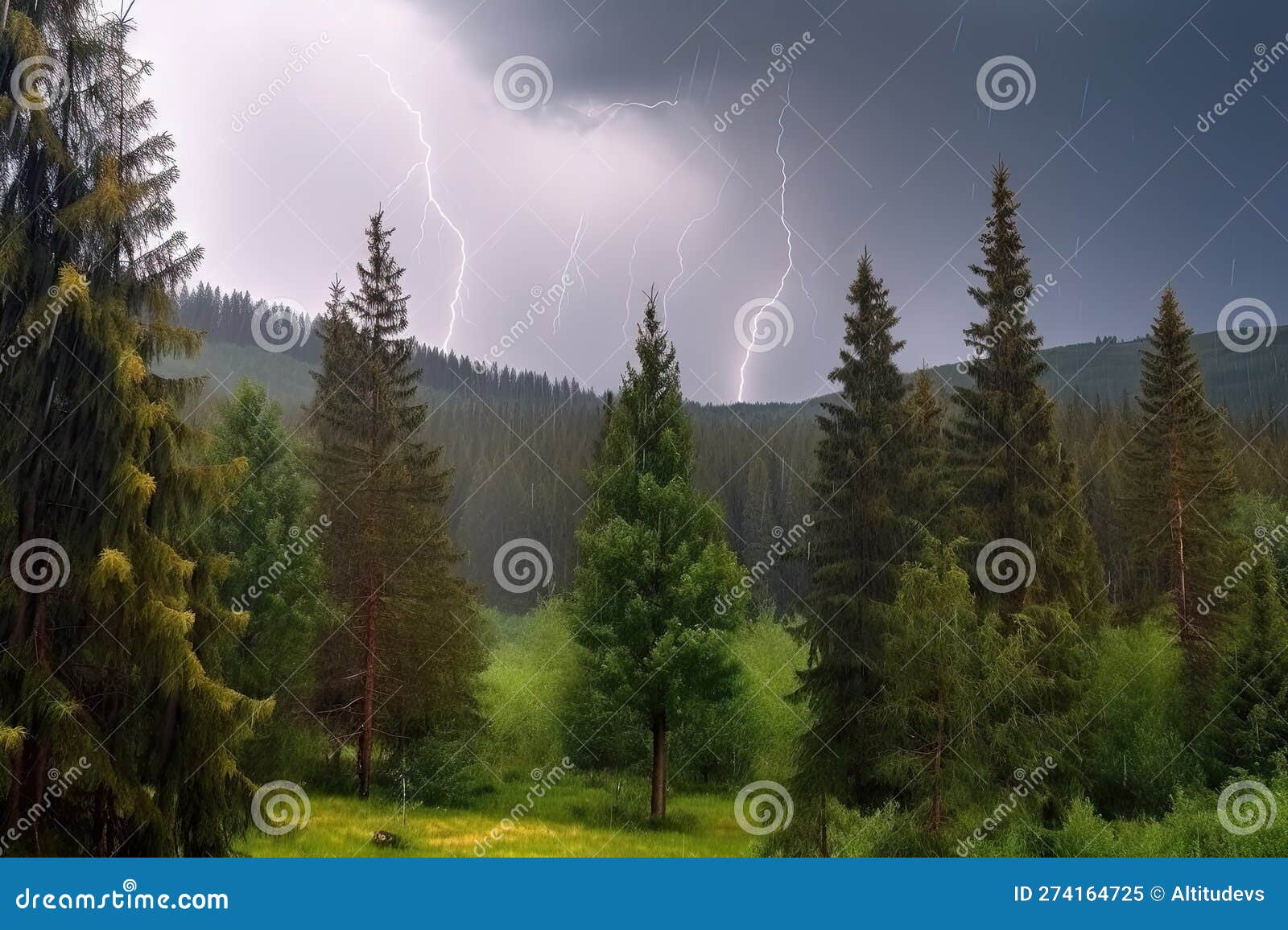 Spruce Forest during Storm, with Lightning and Thunderbolts Stock ...