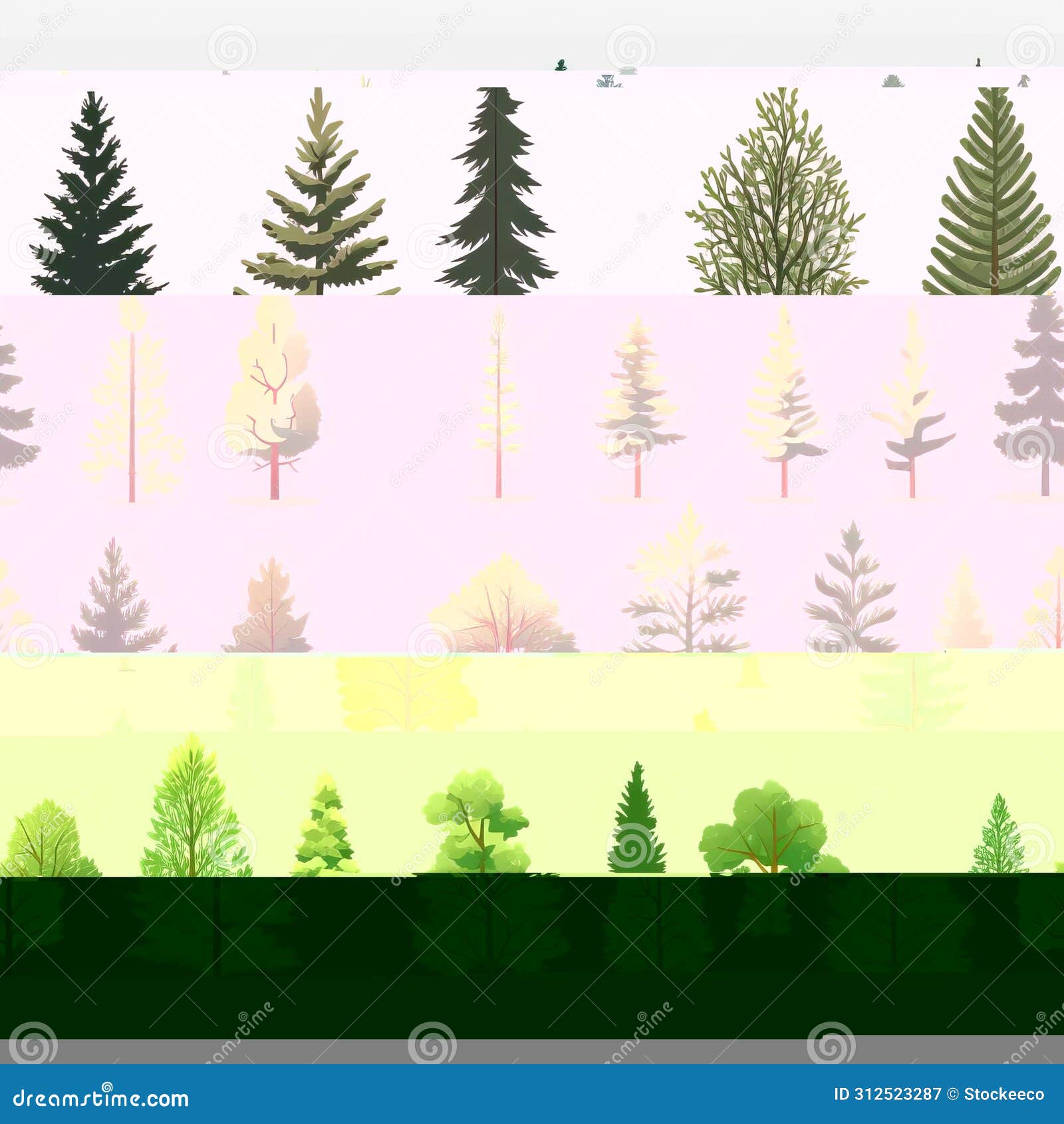Spruce Set: Vector Illustrations of Pine Trees and Green Leaves Stock ...