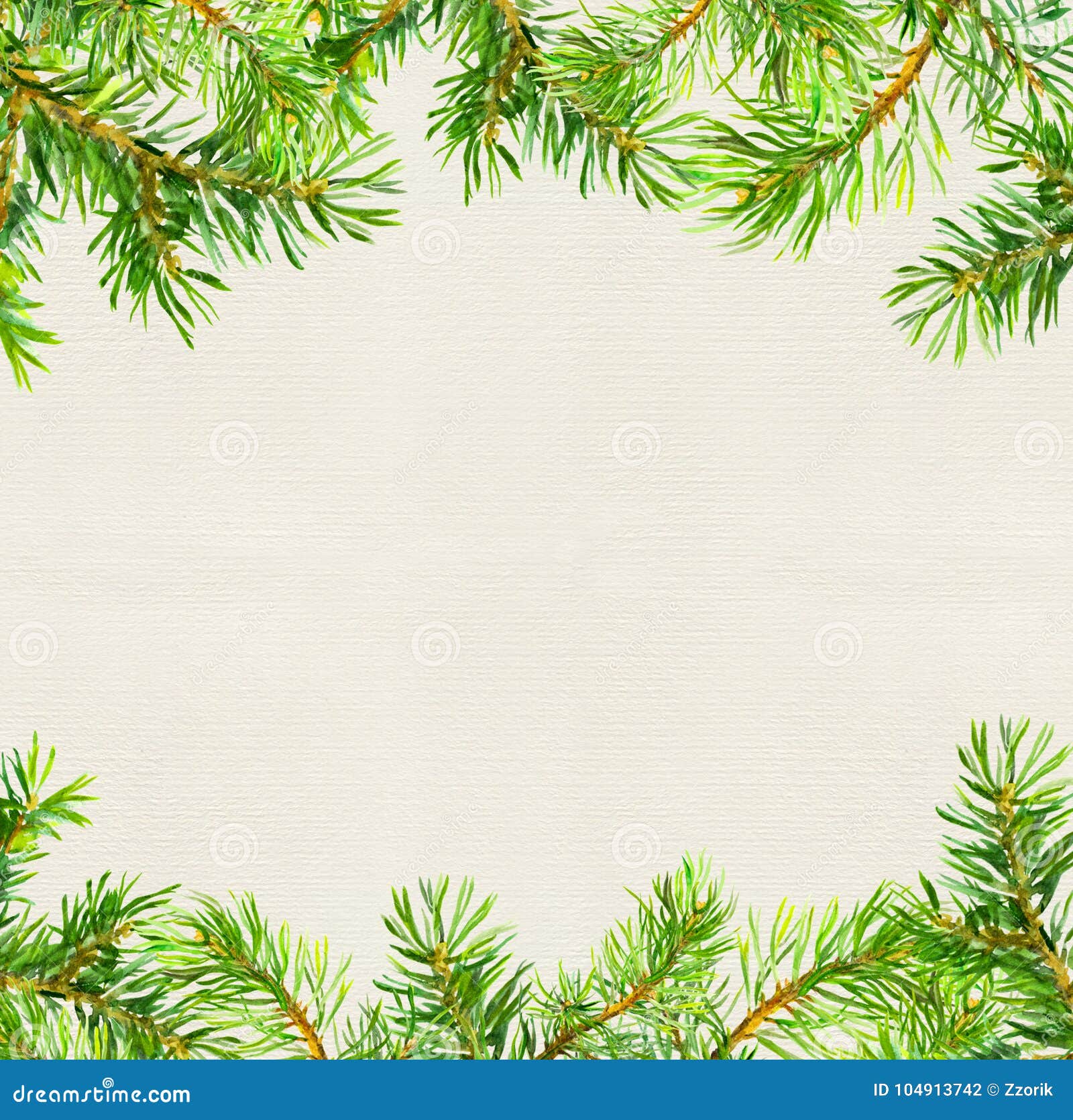 Spruce Tree Branches Border. Christmas Card. Watercolor Stock ...