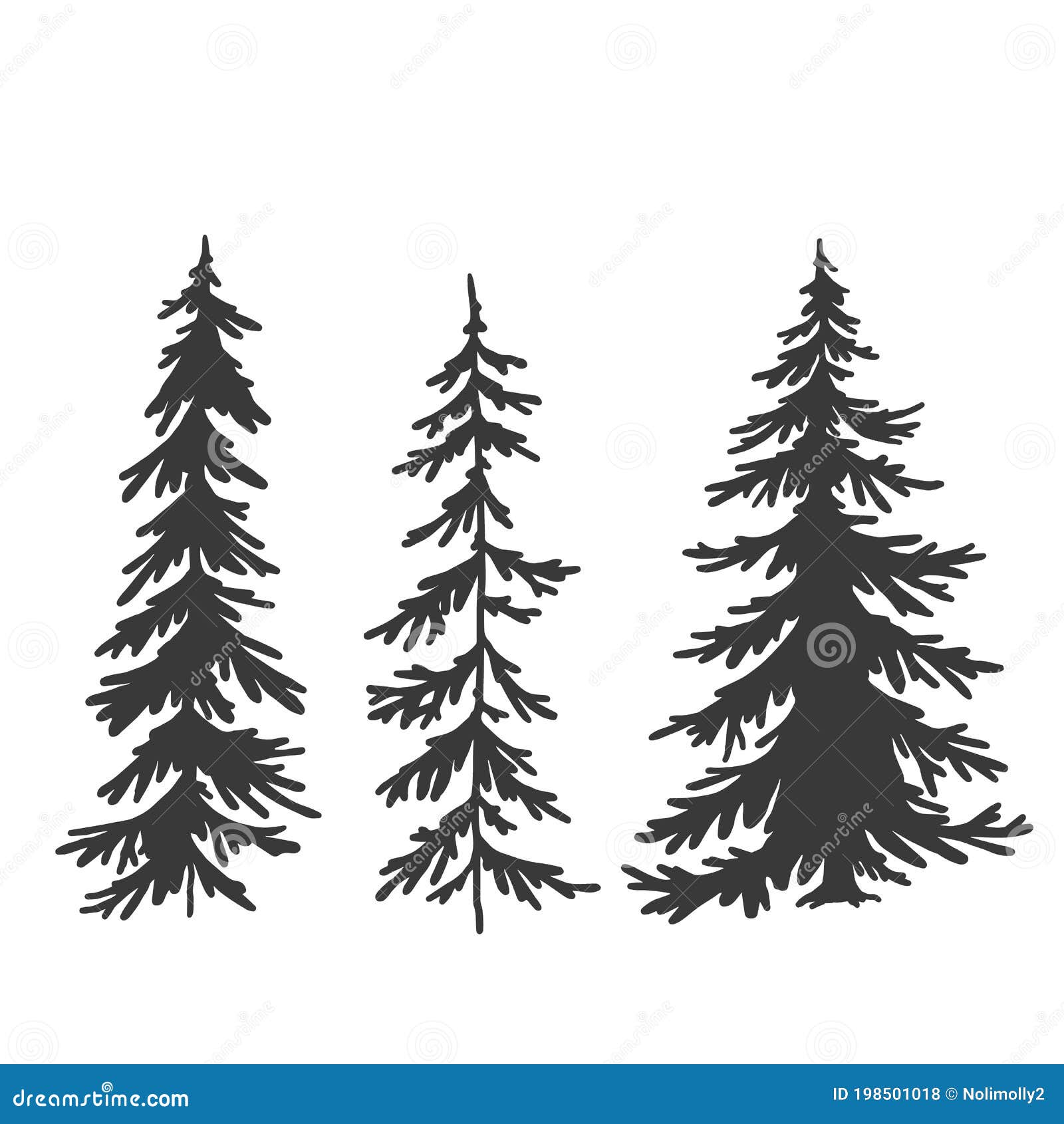 Spruce Tree Set, Vector Hand Drawing, Silhouette Stock Vector ...