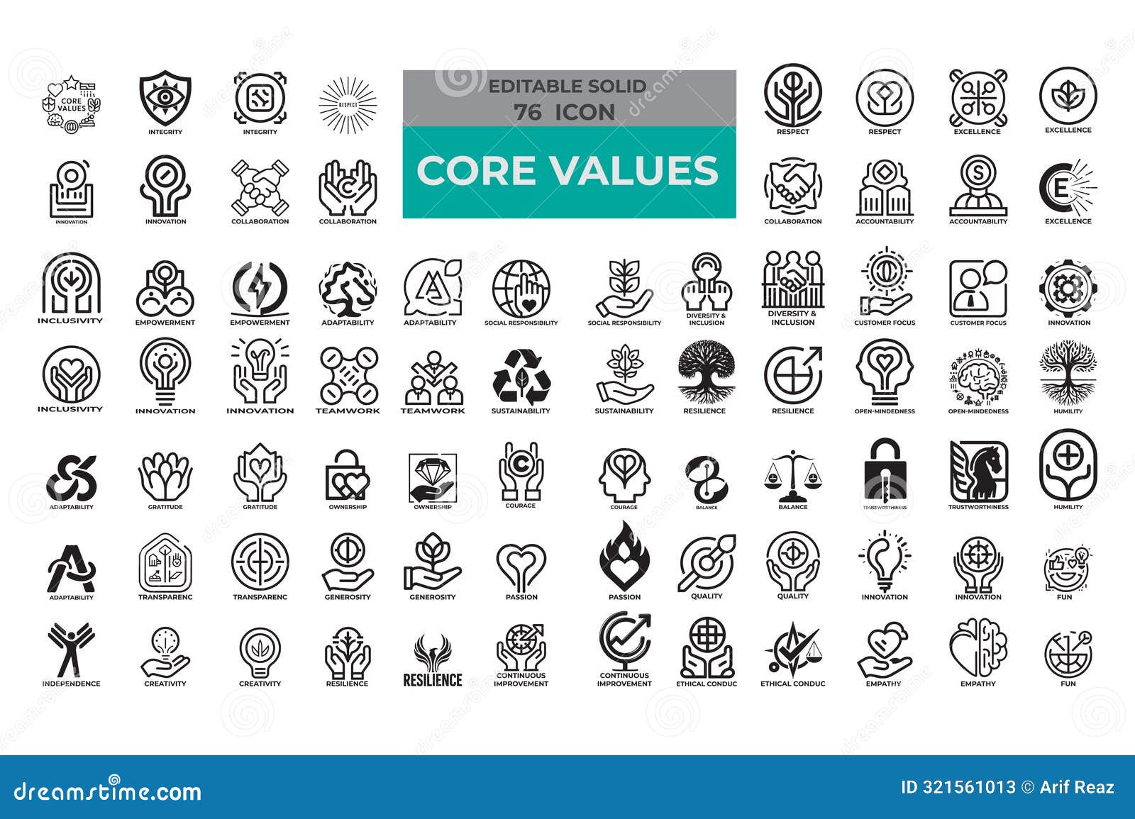76 Icons for Core Values Set in Solid Style. Excellent Icons Collection ...