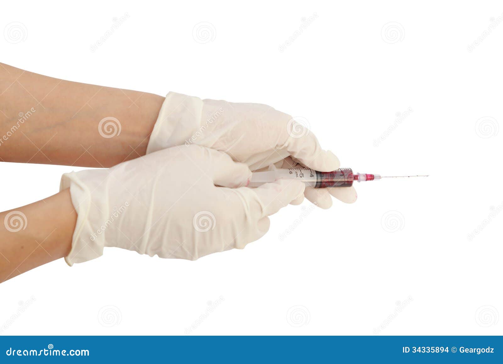 Spuit Met Bloed in Hand Op Wit Stock Foto - Image of handschoen ...