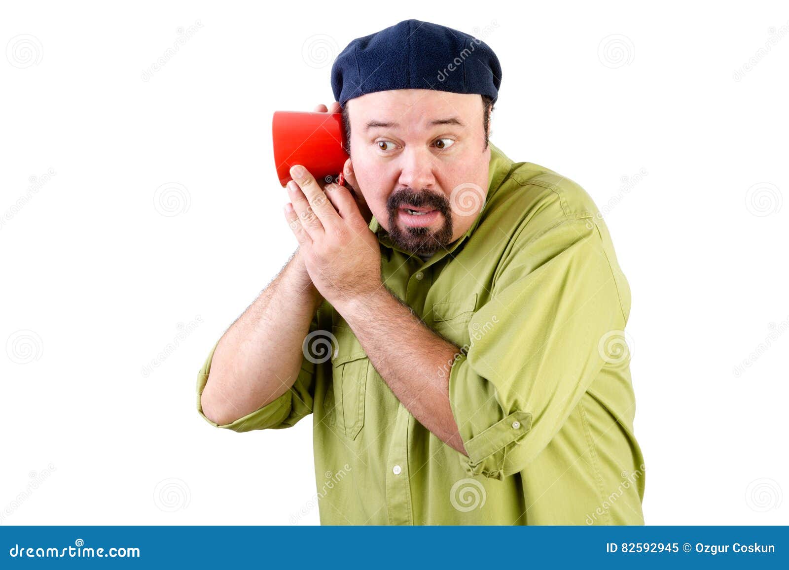 Spying Man Eavesdropping with Cup To Ear on White Stock Image - Image ...