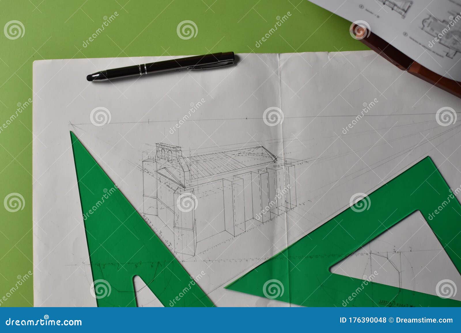 Drawing a Perspective View of a Church Stock Photo - Image of bevel ...