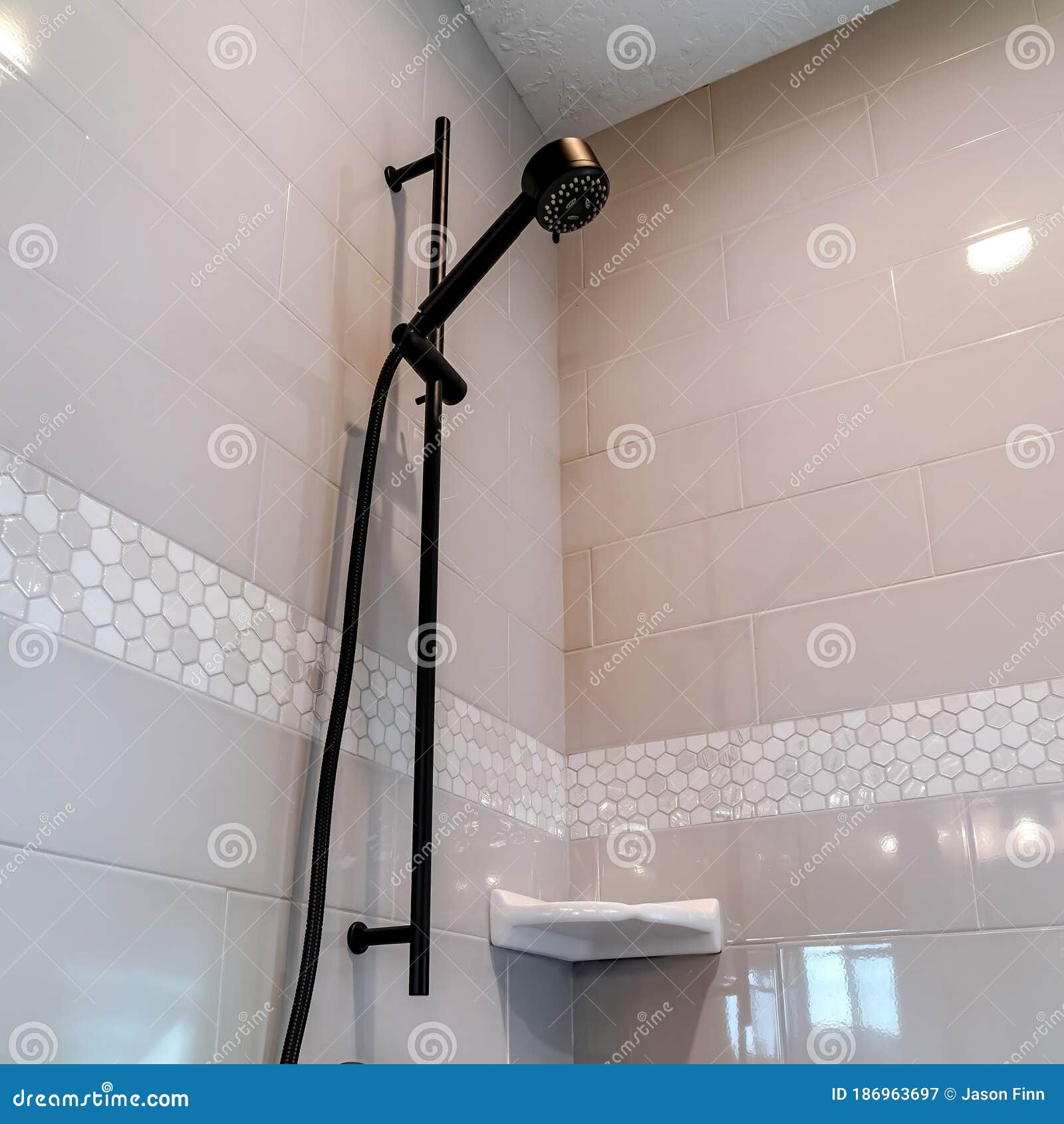 Square Black Round Shower Head and Handle Inside the Walk in Bathroom ...