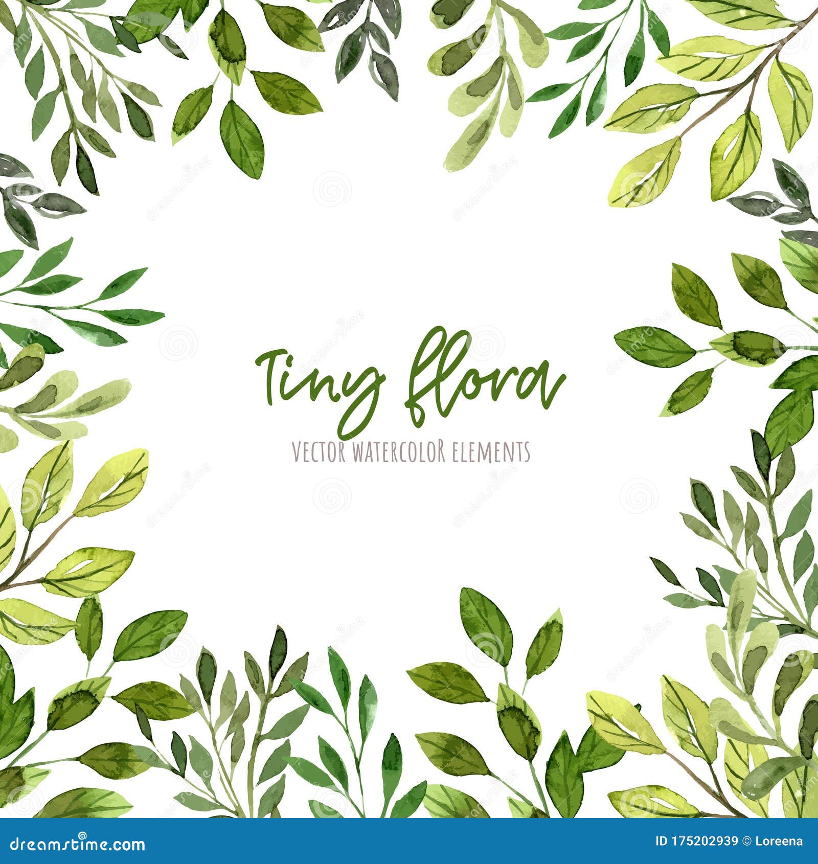 Square Border Frame, Green Leaves and Branches, Wet Watercolor Stock ...