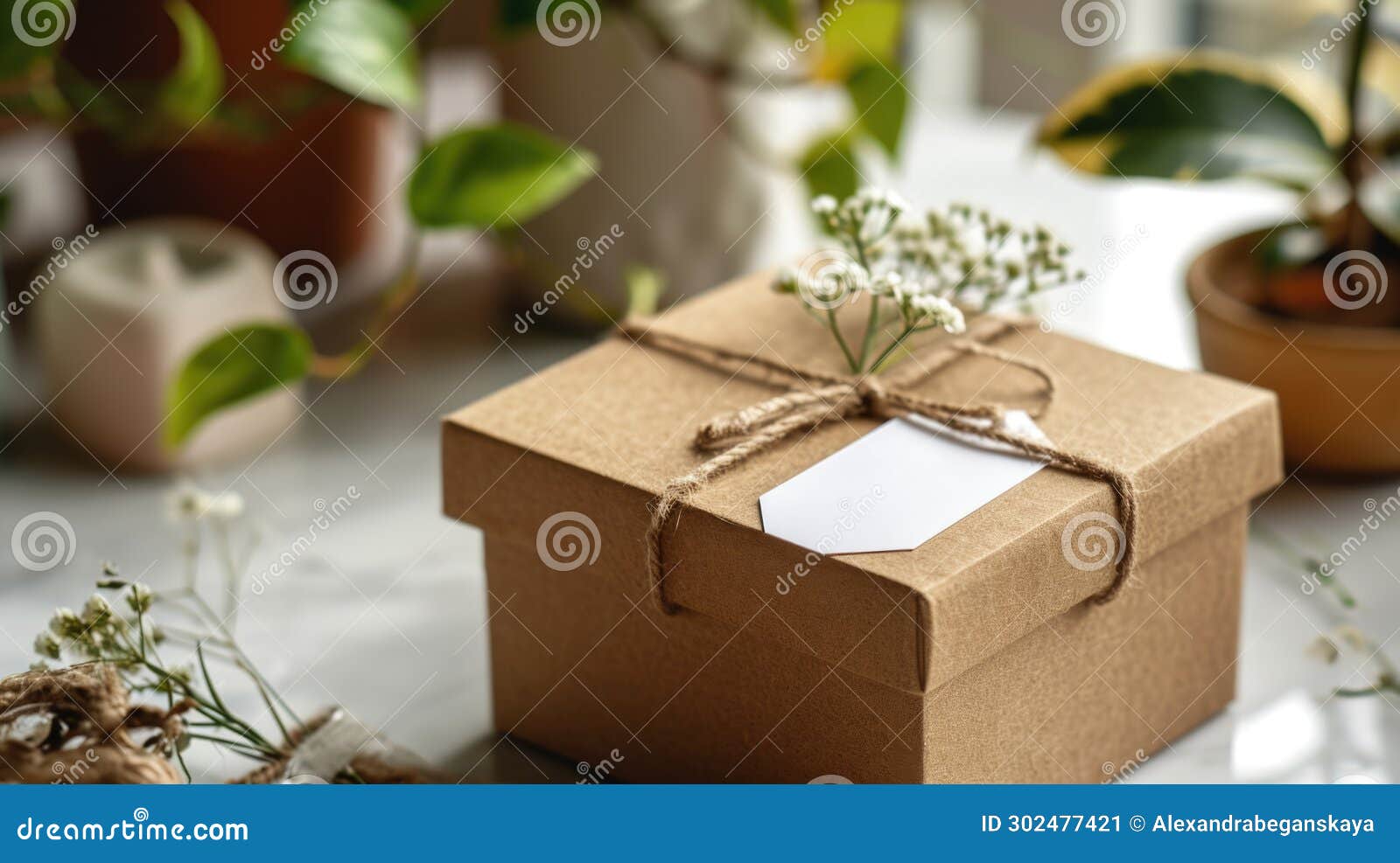 Square Brown Craft Box with a Mockup of a White Tag on the Lid without ...