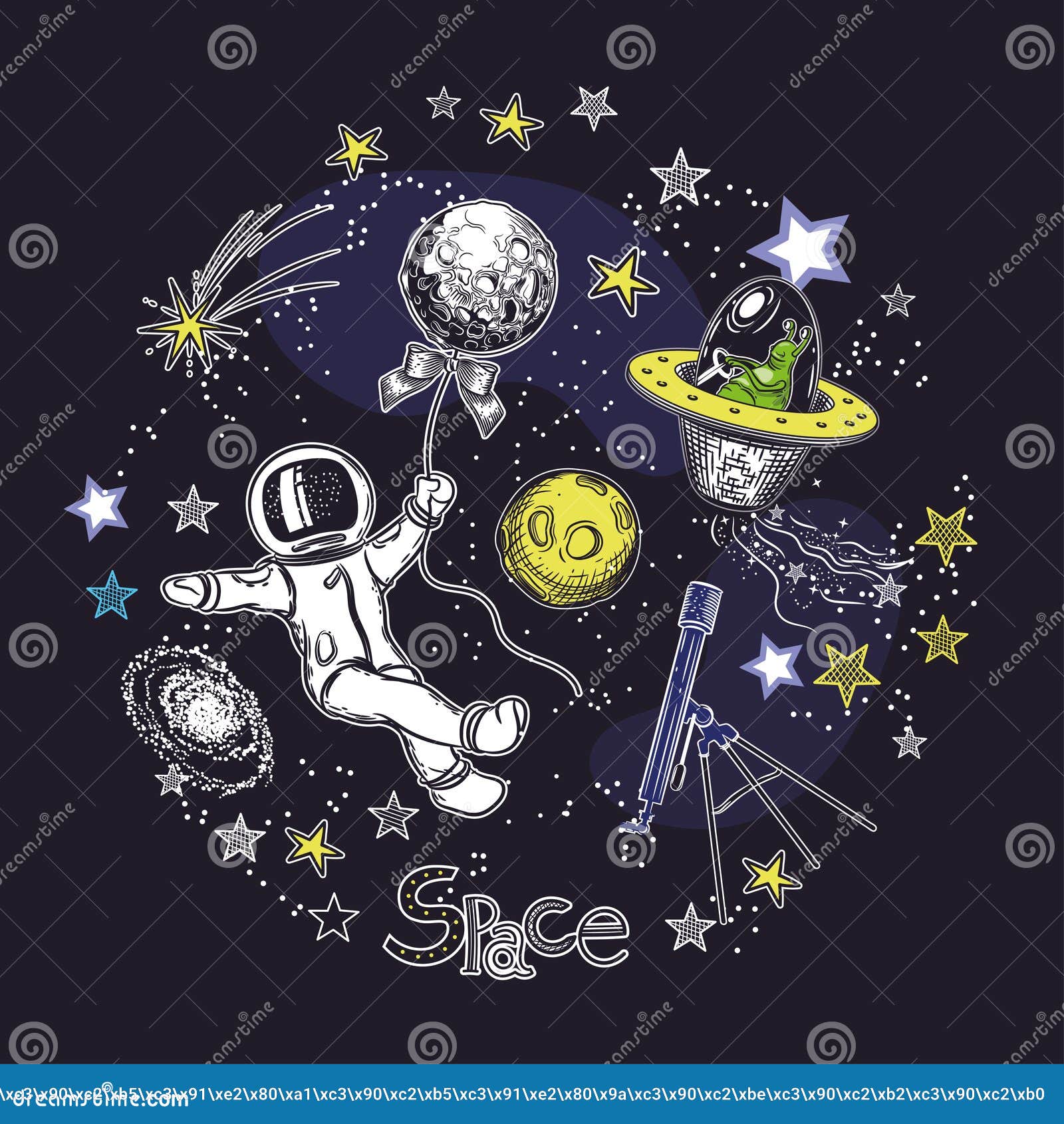 Square Card Template with the Image of Cosmic Elements. Astronaut with ...