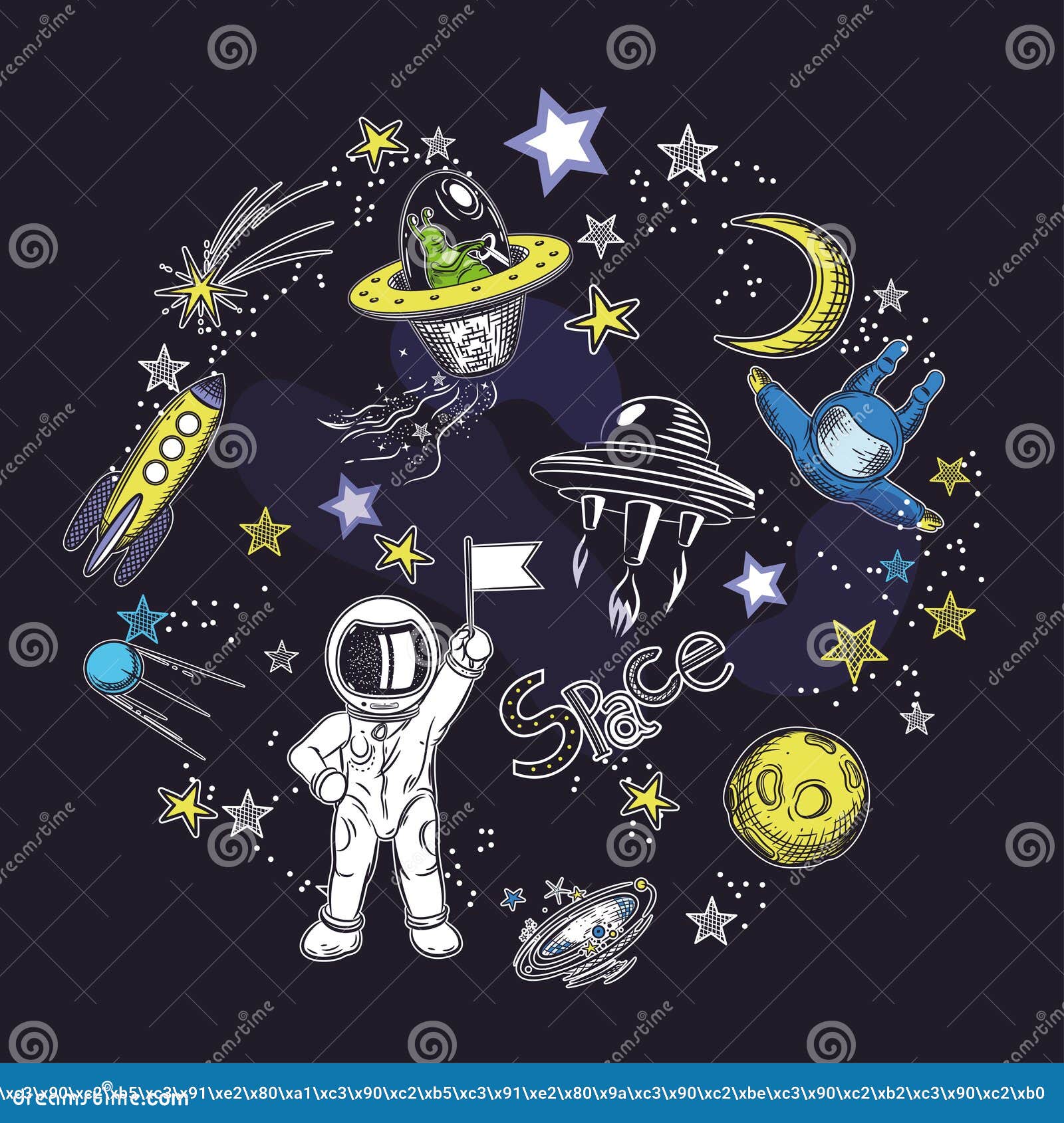 Square Card Template with the Image of Cosmic Elements. Circular ...